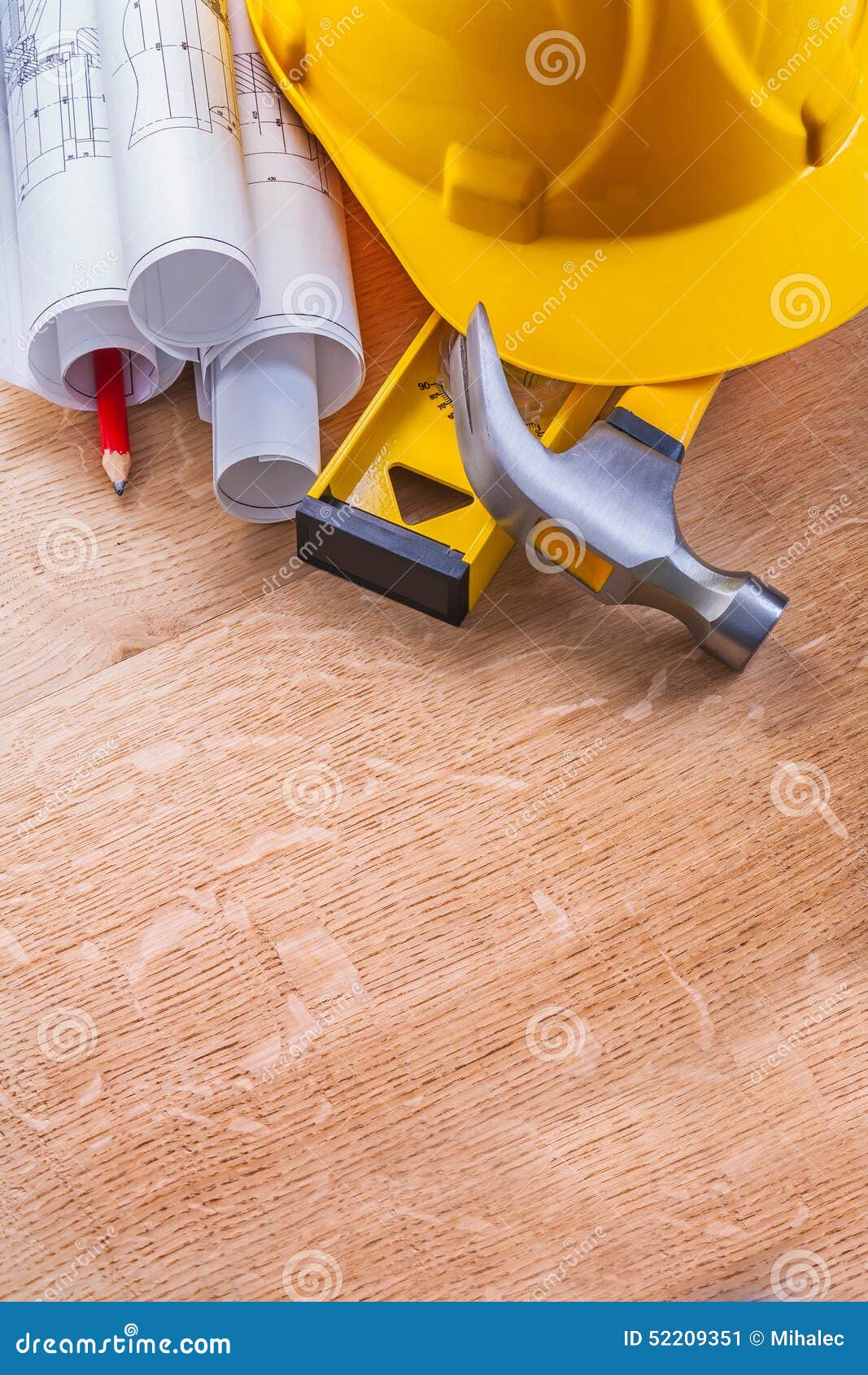 Blueprints Level Hammer Helmet on Wooden Boards Stock Image - Image of ...