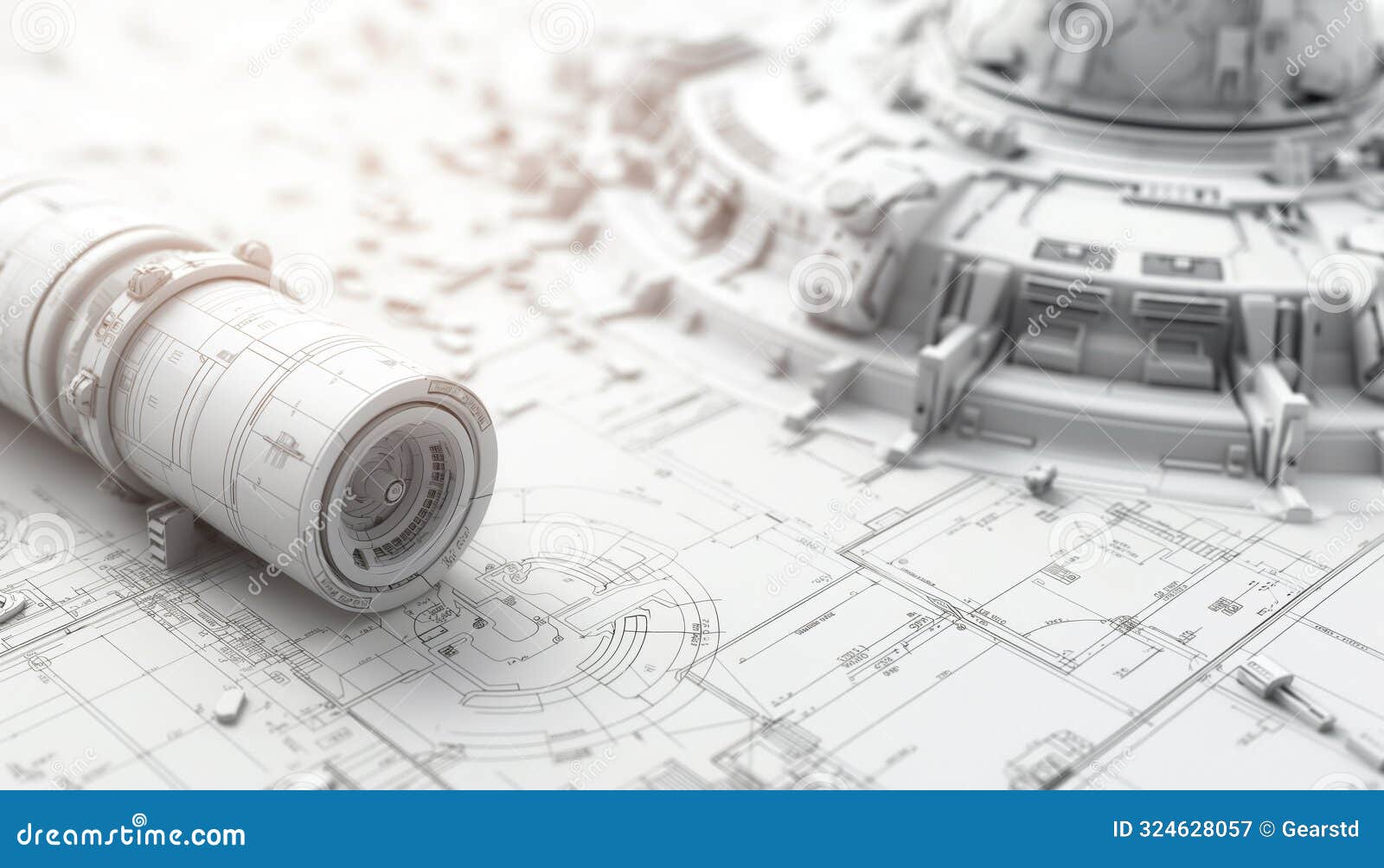 Blueprints and Mechanical Parts in 3D Rendering Stock Illustration ...