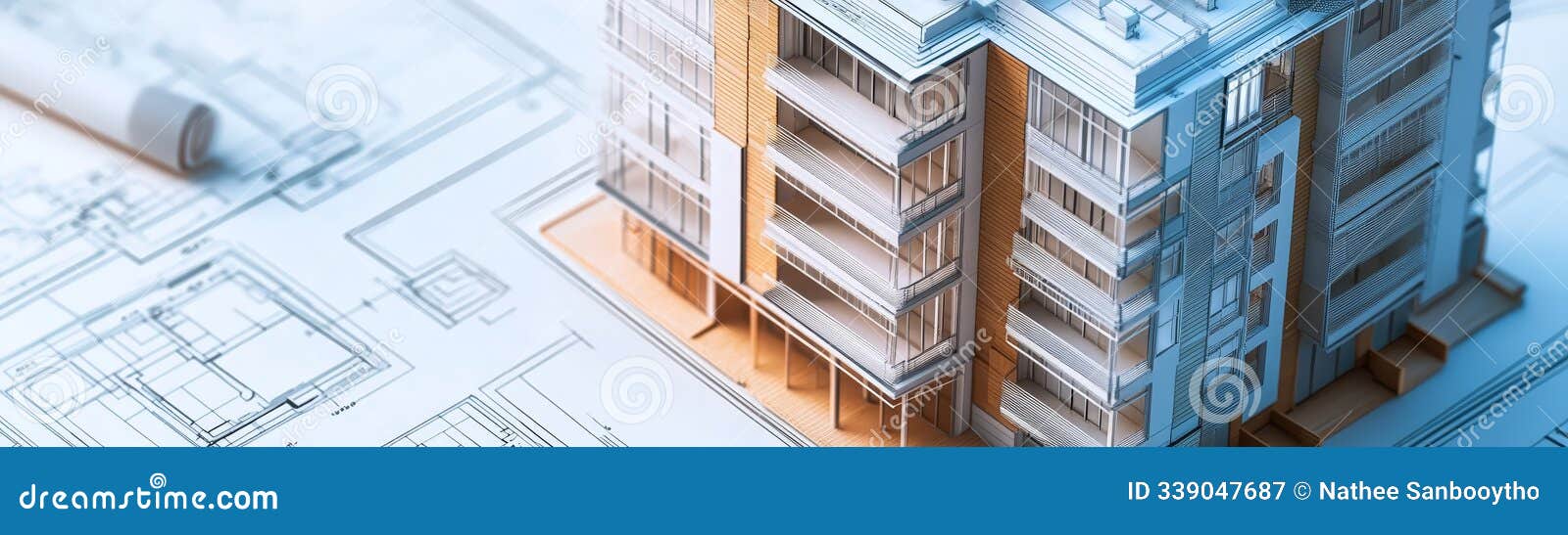 Blueprints Overlay a Modern Office Building, Visual Representation of ...