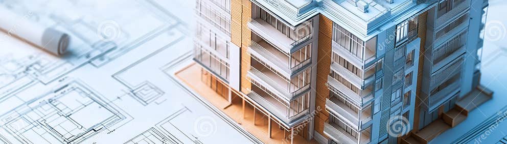 Blueprints Overlay a Modern Office Building, Visual Representation of ...