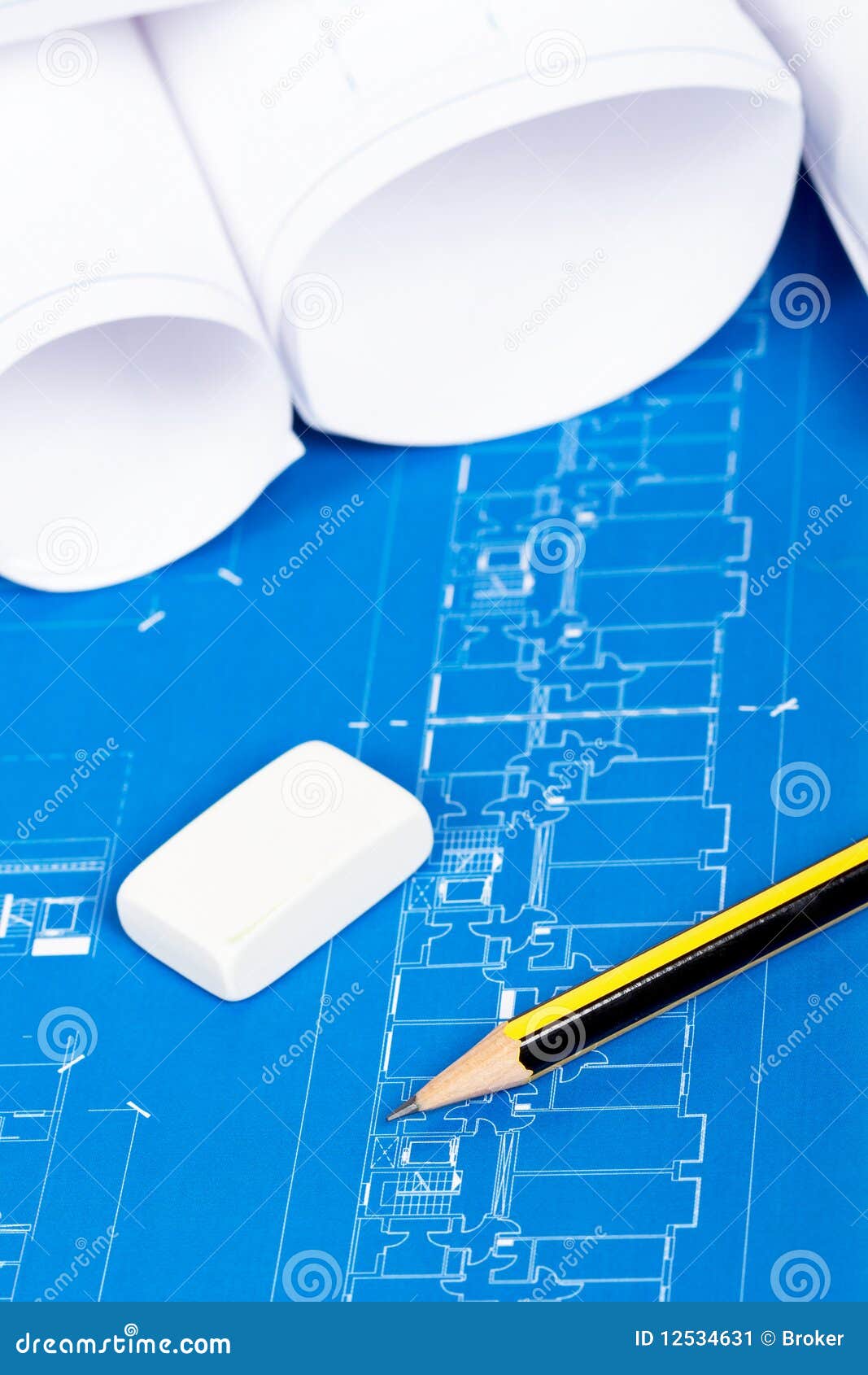 Blueprints and pencil stock image. Image of house, built - 12534631