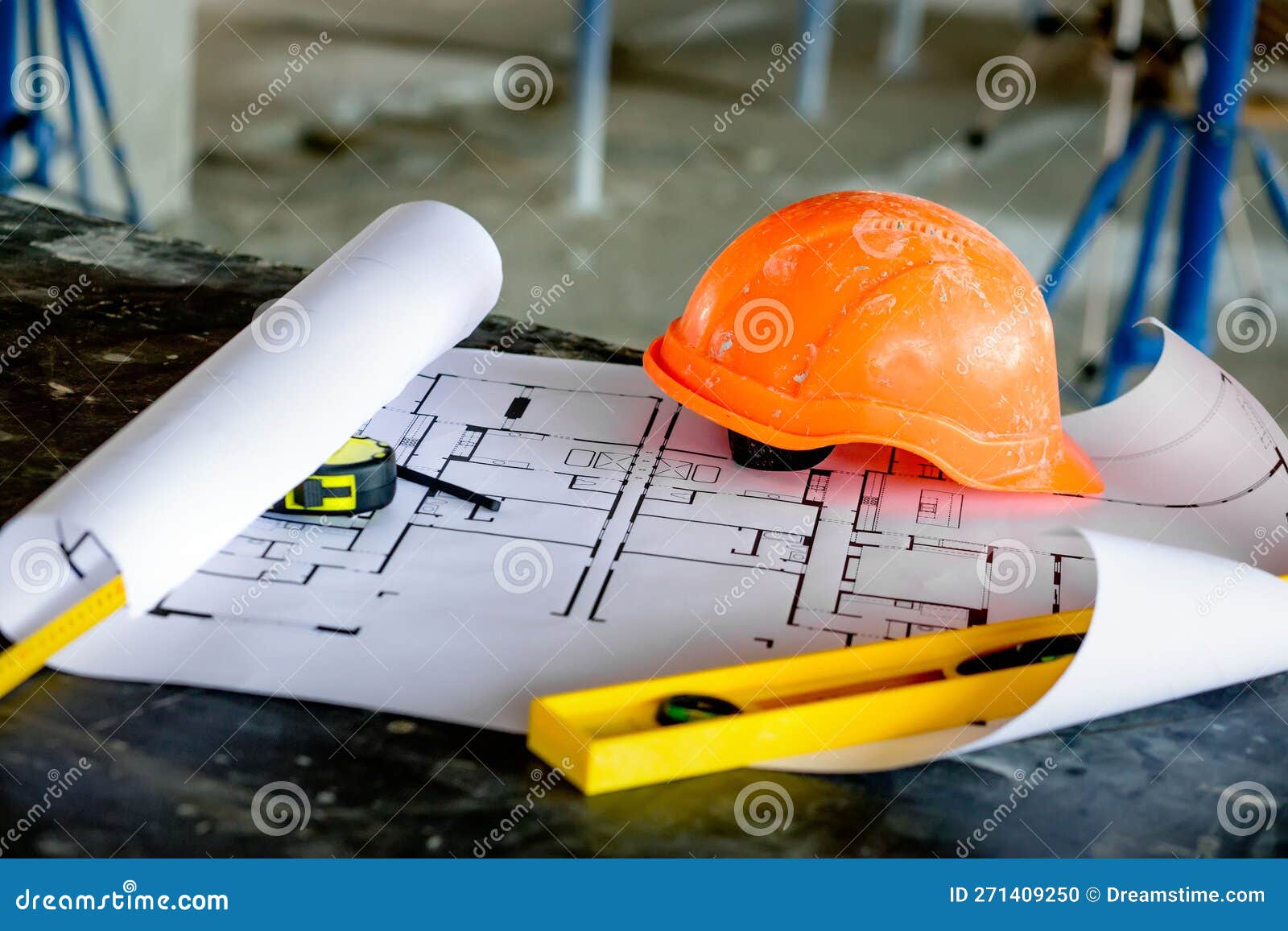 Blueprints Project Building, Construction Level and Helmet, Close Up ...