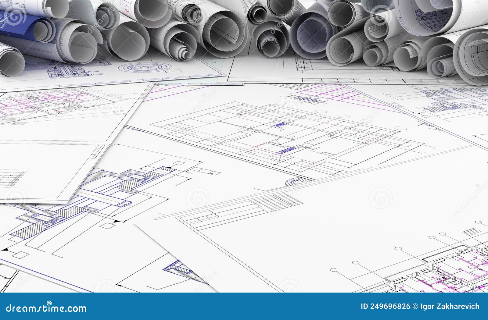 Blueprints in roll row stock illustration. Illustration of technology ...