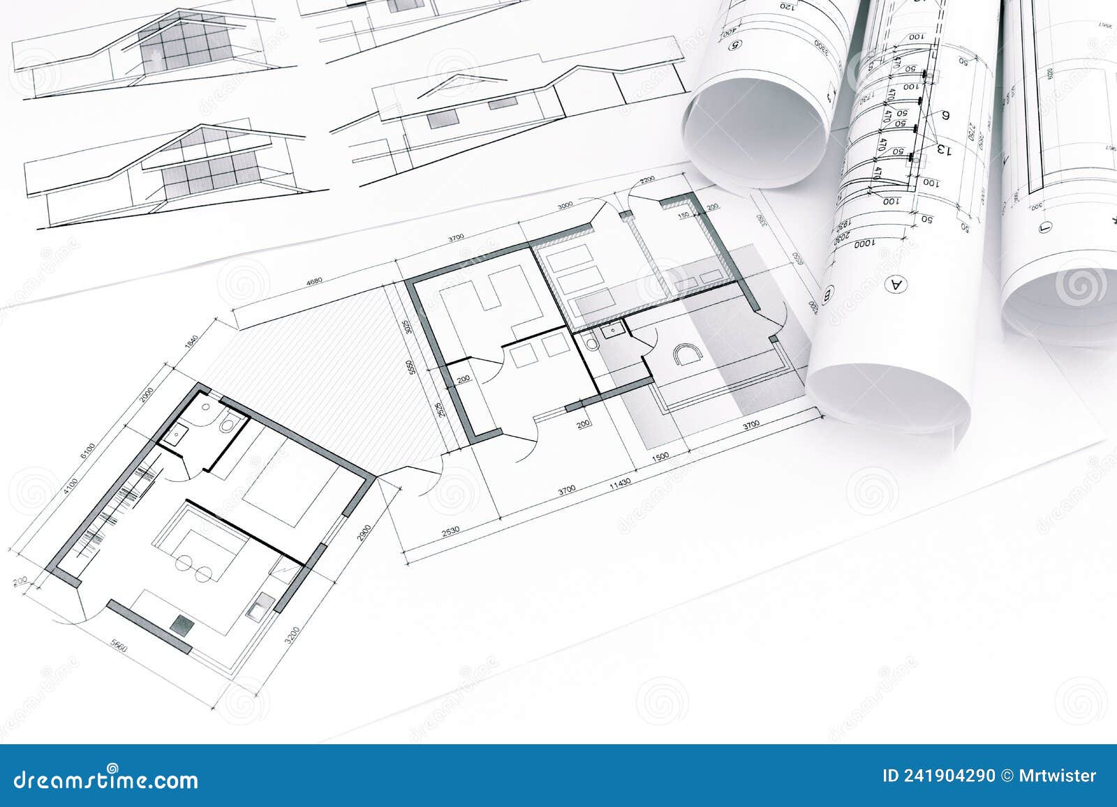 Blueprints with Rolled House Plans Stock Photo - Image of dimensions ...