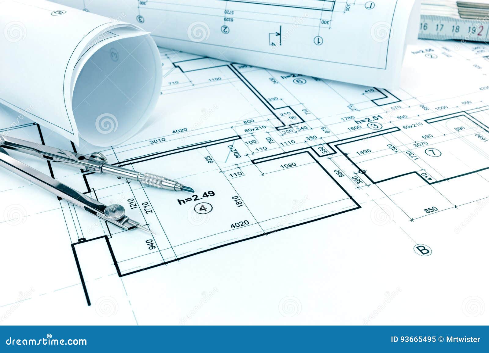 Blueprints Rolls, Drawing Compass and Ruler on Architectural Pro Stock ...