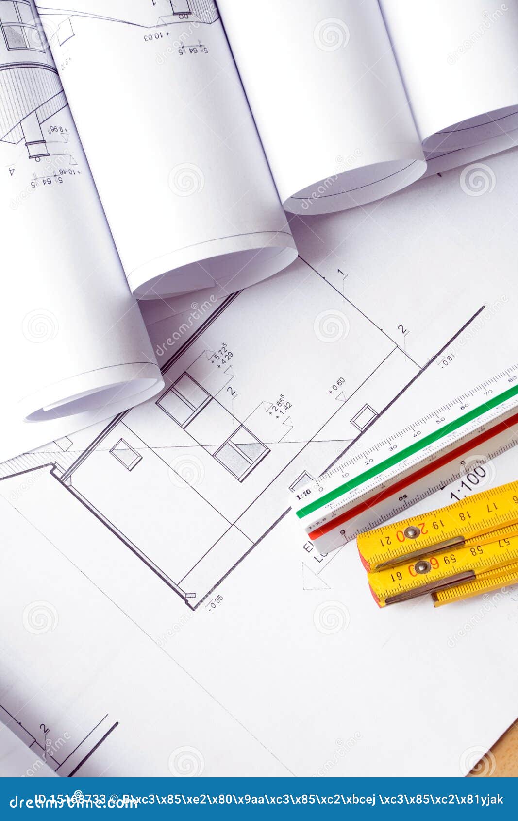 Blueprints and ruler stock image. Image of equipment - 15168733