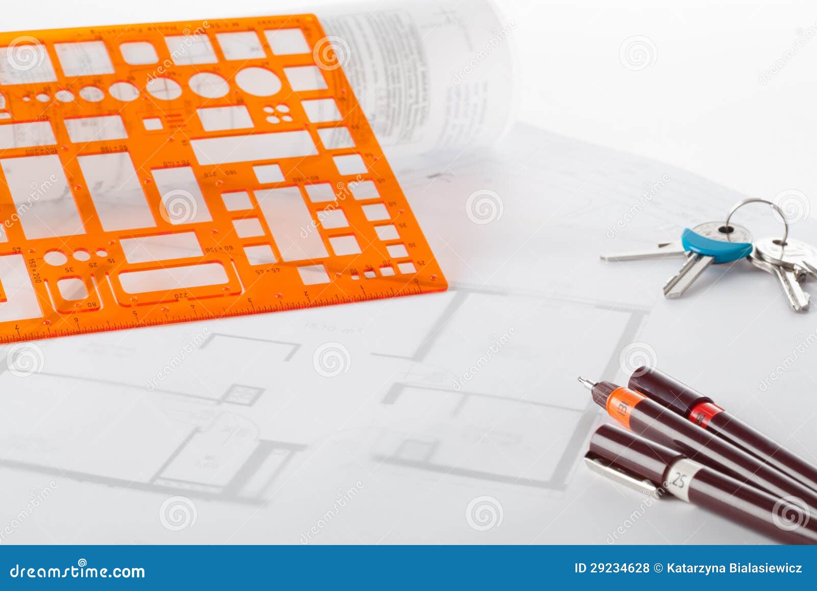 Blueprints, ruler and keys stock photo. Image of paper - 29234628