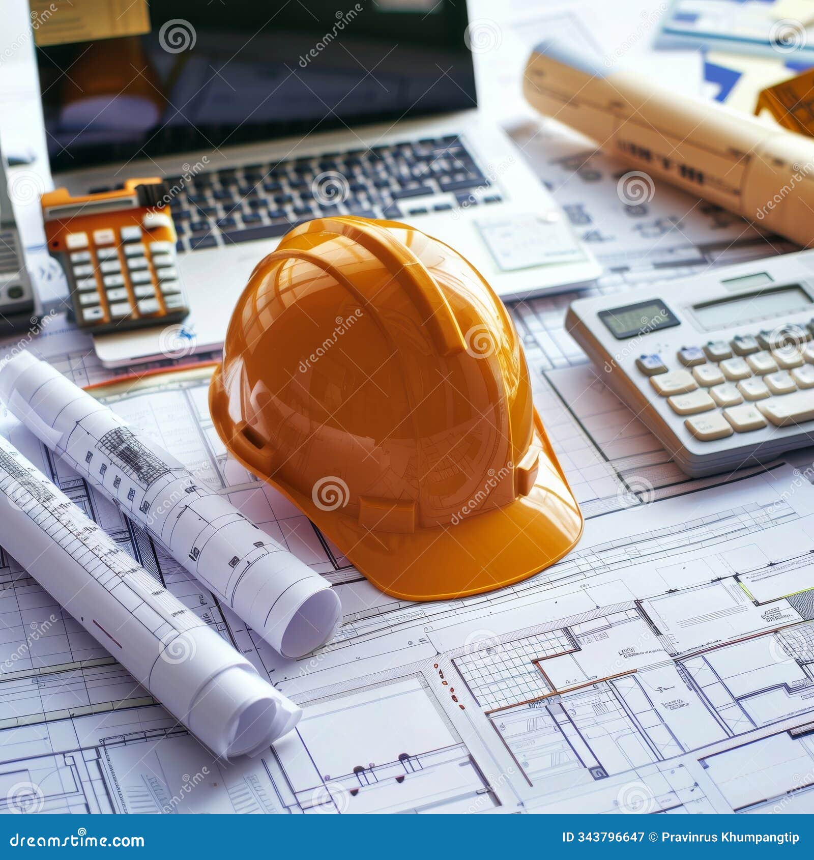 Blueprints, Safety Helmet and Laptop Computer on Office Desk in ...
