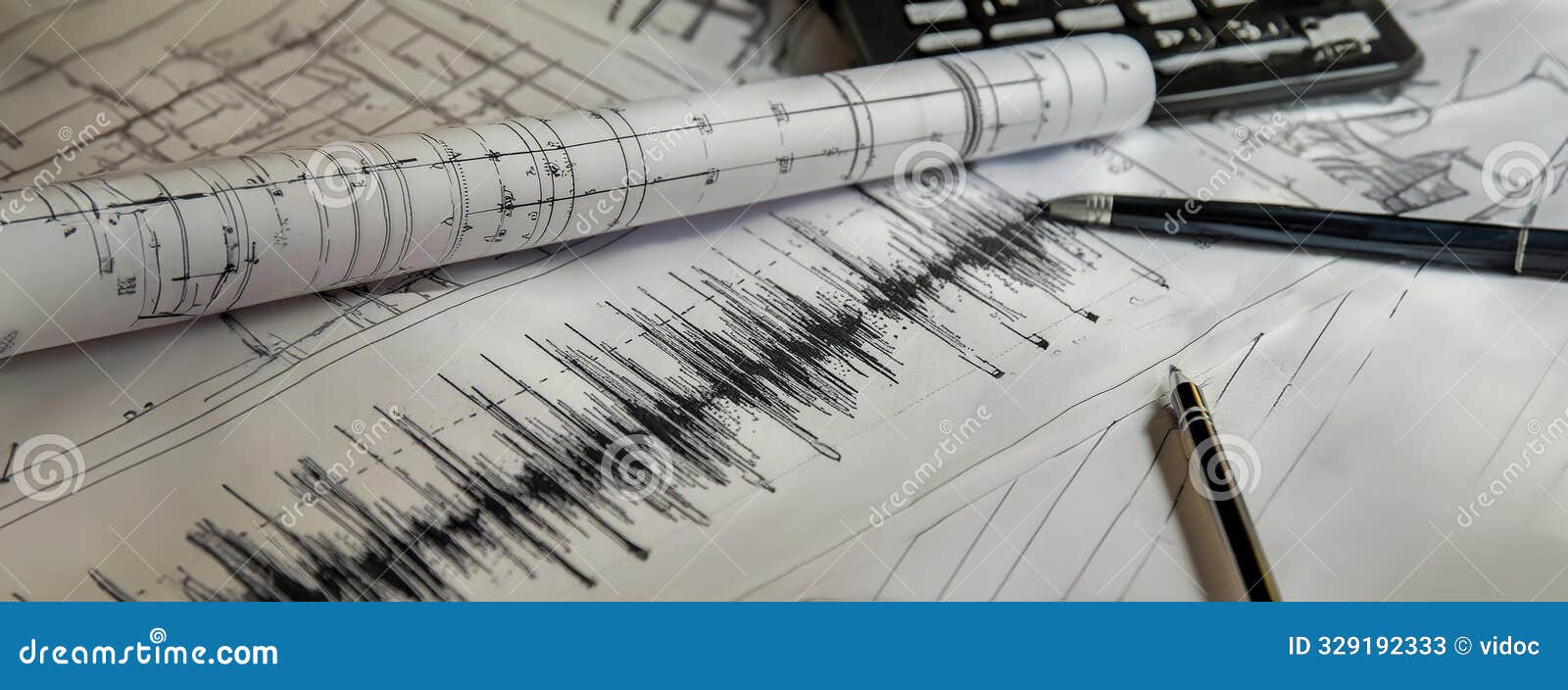 Blueprints and a Seismograph on a Table, with a Calculator and Pens ...