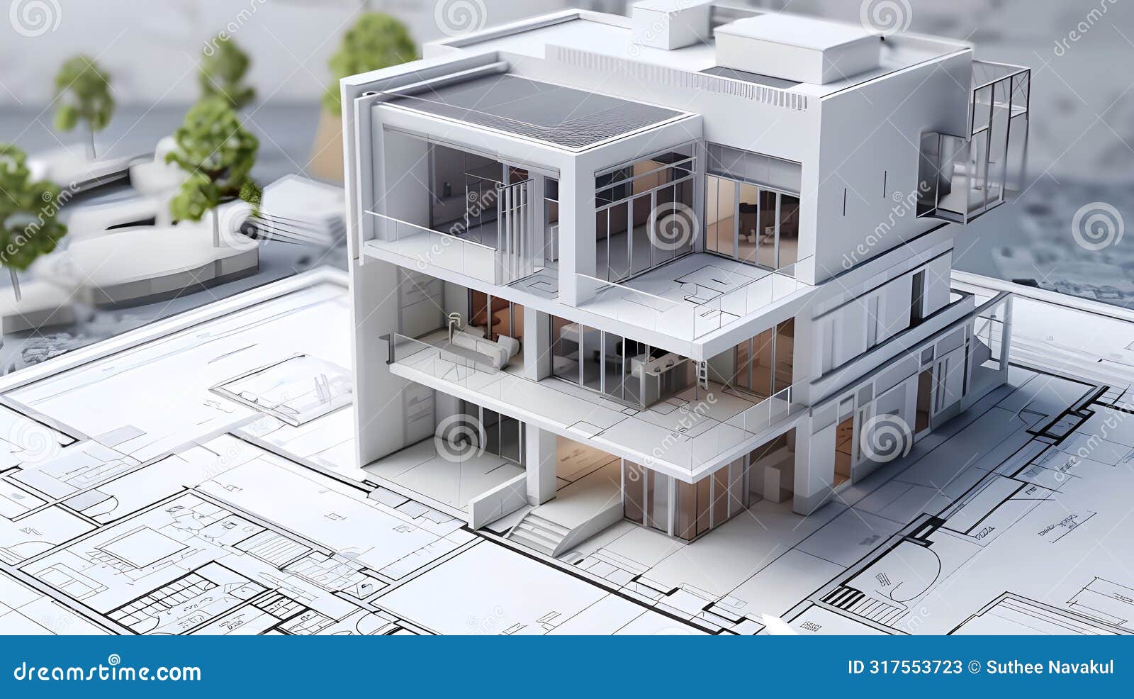 The Blueprints on the Sheet Turn into a Modern Building. the Designs on ...