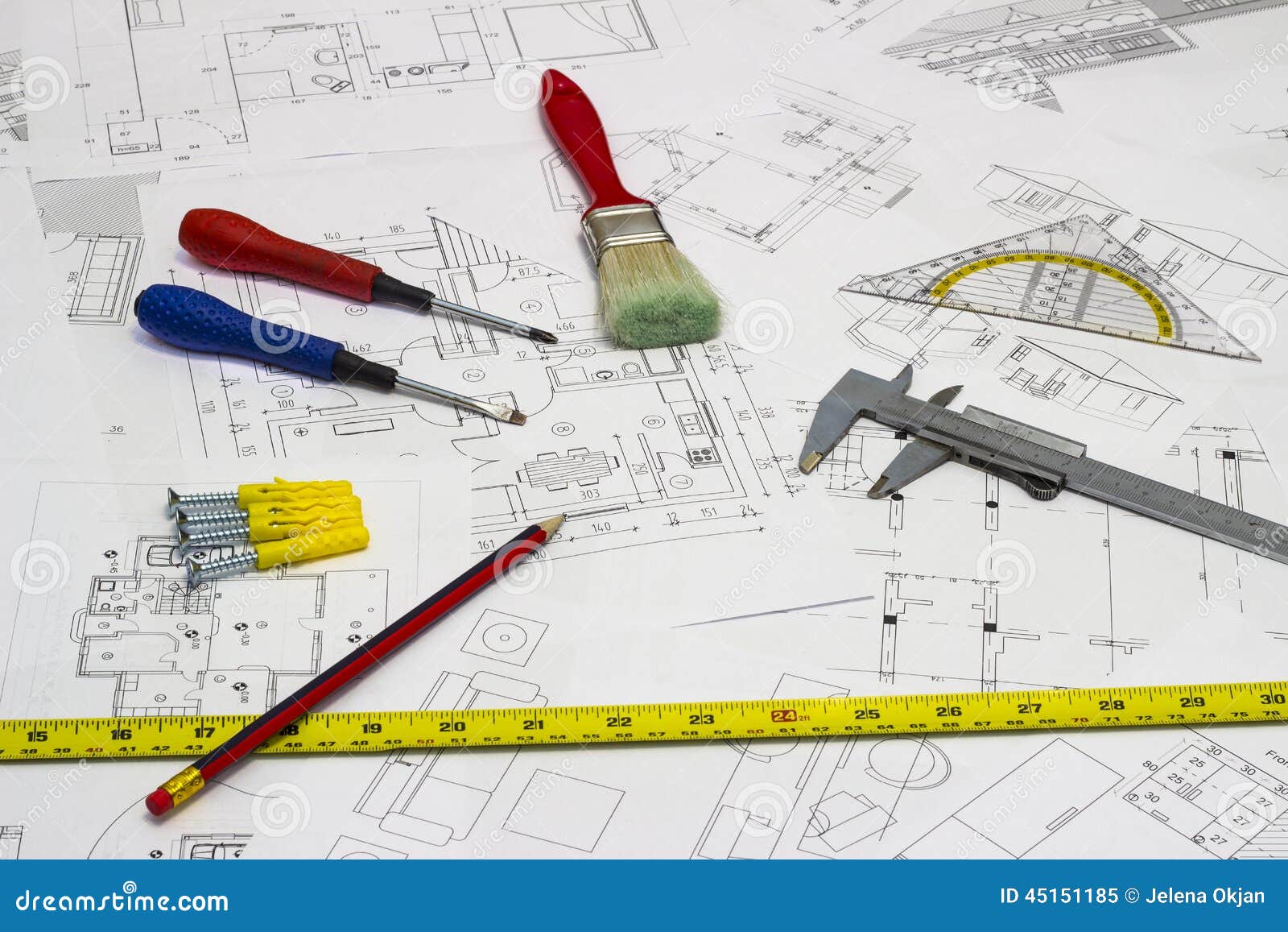 Blueprints and tools stock image. Image of inside, indoors - 45151185