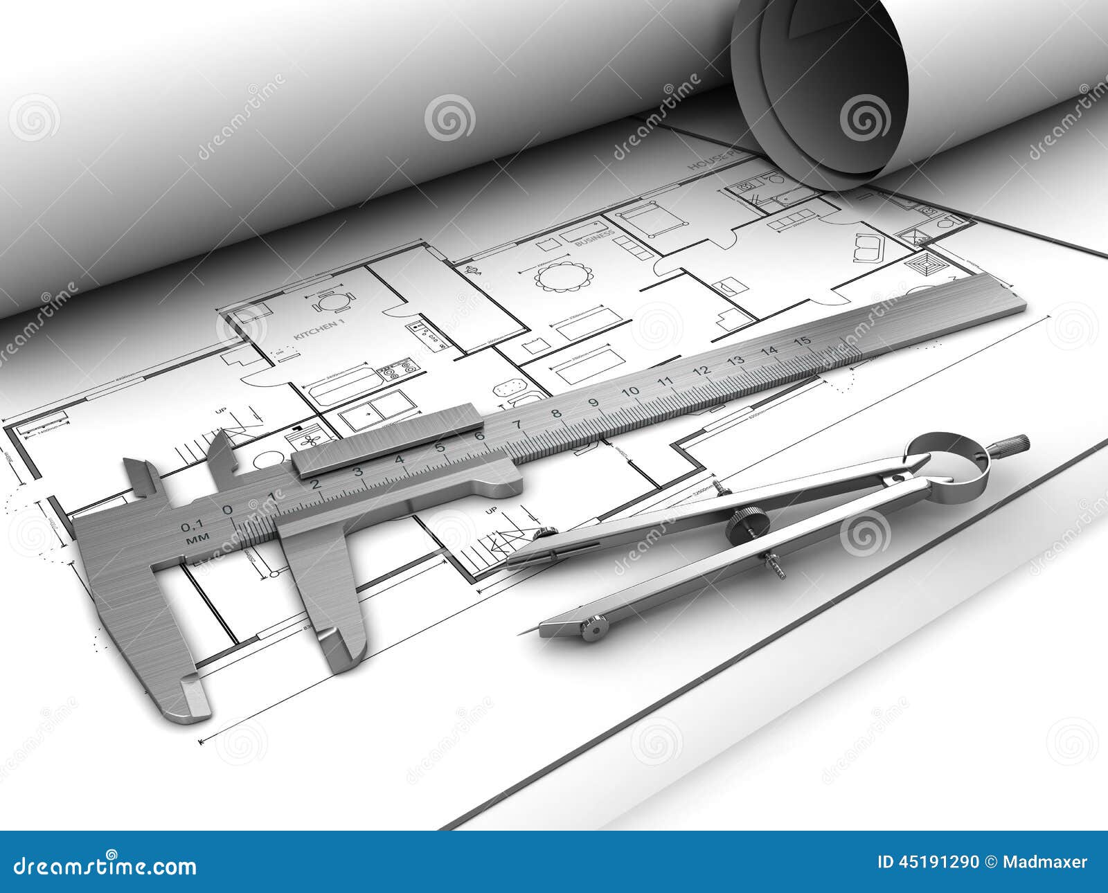 Blueprints and tools stock illustration. Illustration of metallic ...