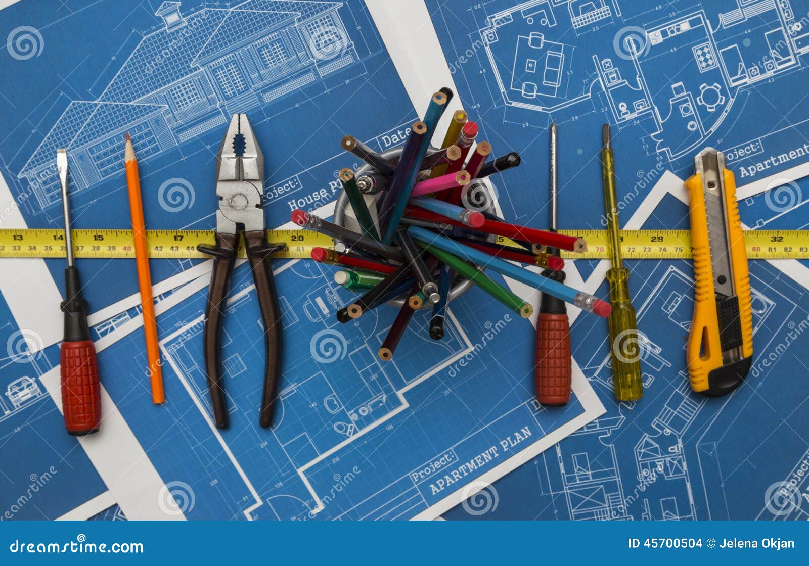 Blueprints and Tools stock photo. Image of engineering - 45700504