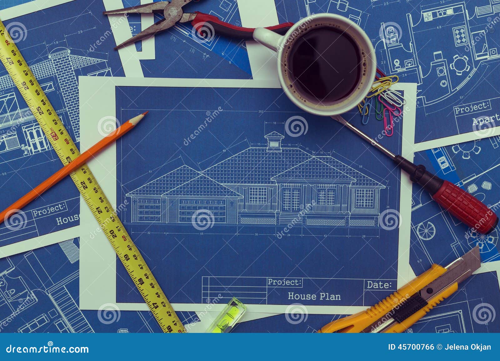 Blueprints and tools stock photo. Image of plan, house - 45700766