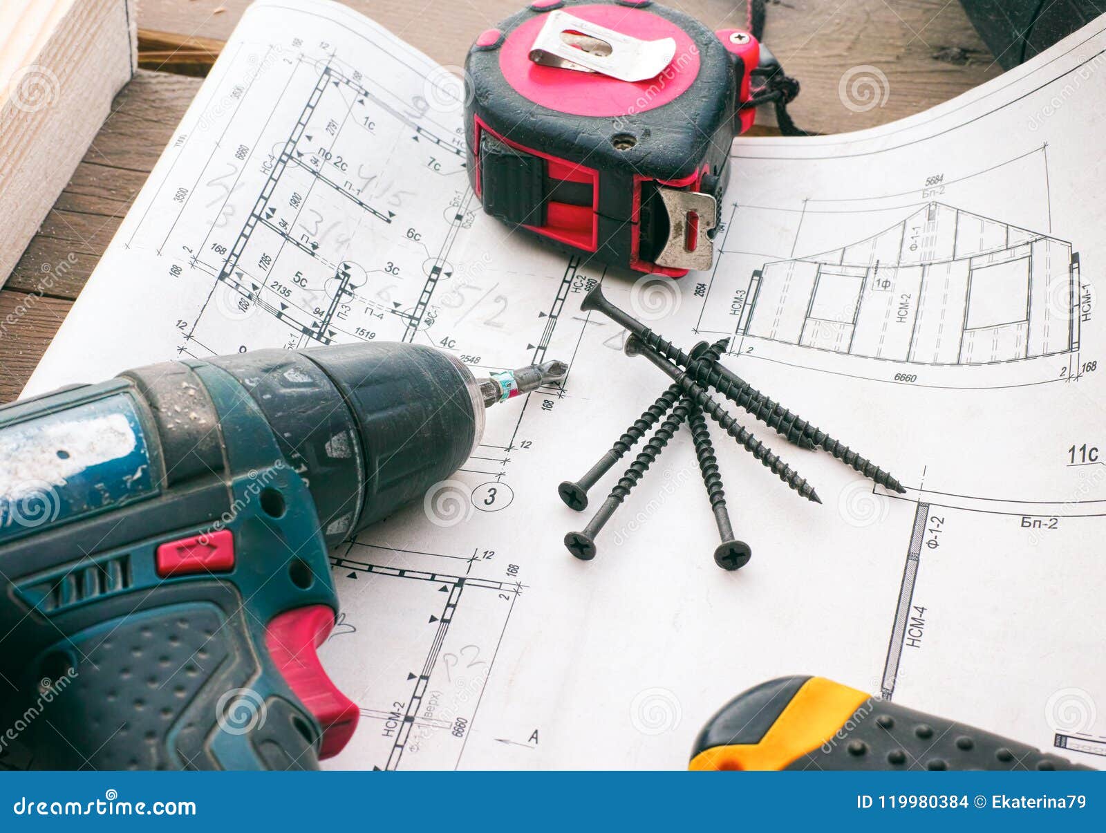 Blueprints with Work Tools. Stock Photo - Image of paper, tool: 119980384