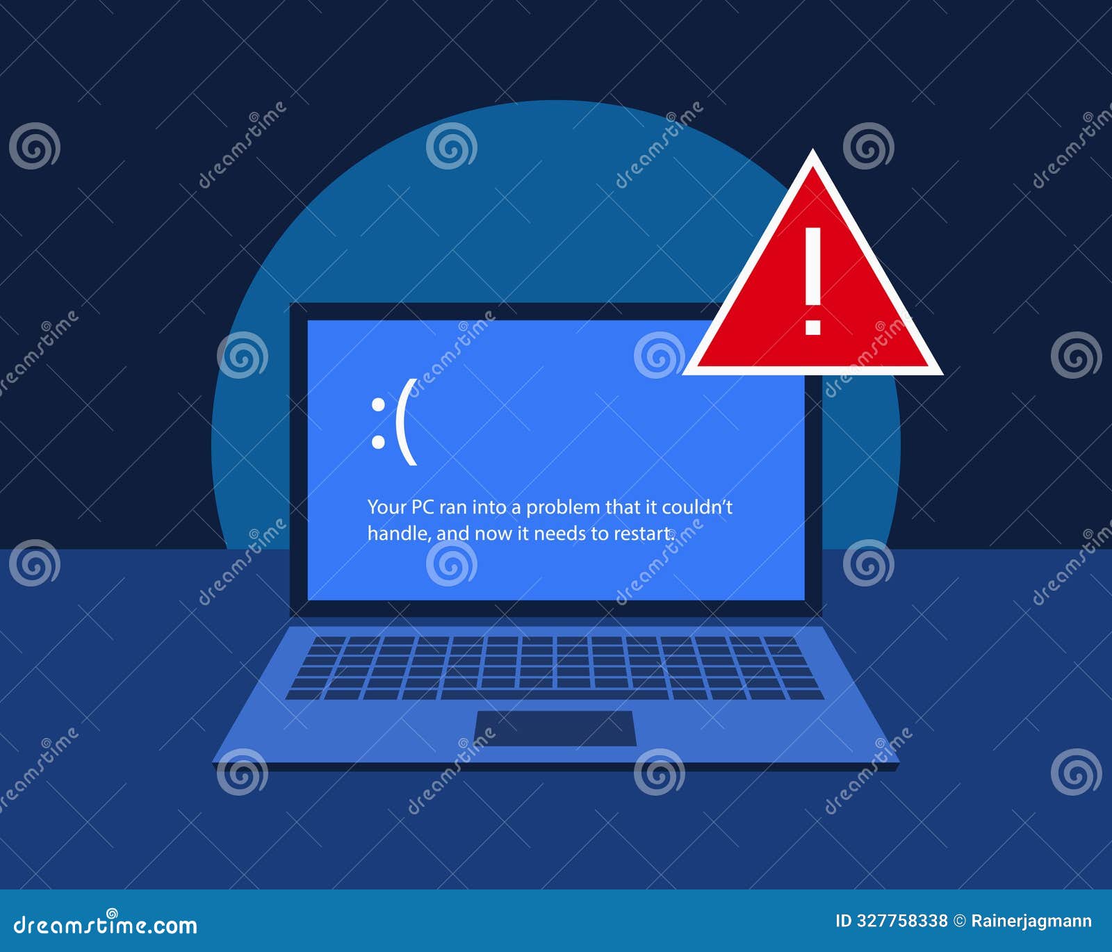 Bluescreen Warning on Laptop Computer in Front of Dark Blue Background ...