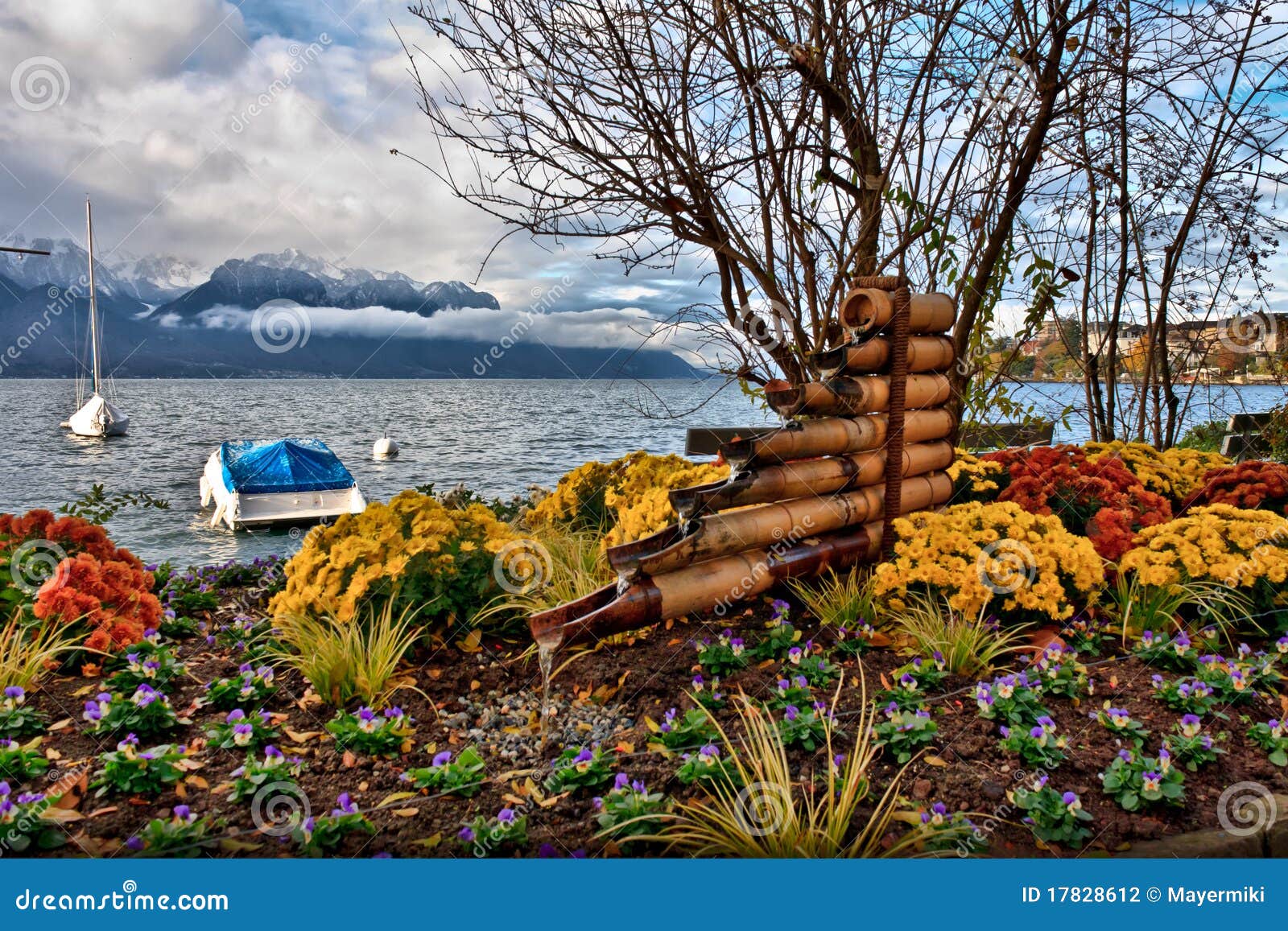 Blumen und See Genf stockfoto. Bild von blumen, orange - 17828612