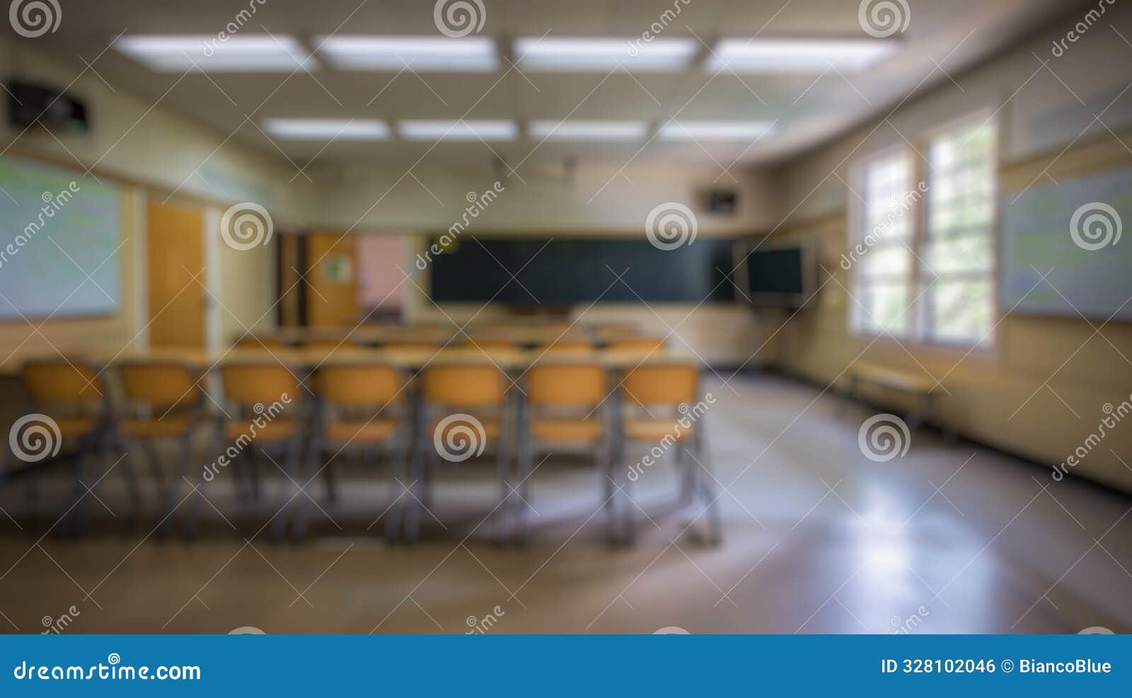Blur Background Of Empty Classroom With Table , Chairs And Blackboard ...