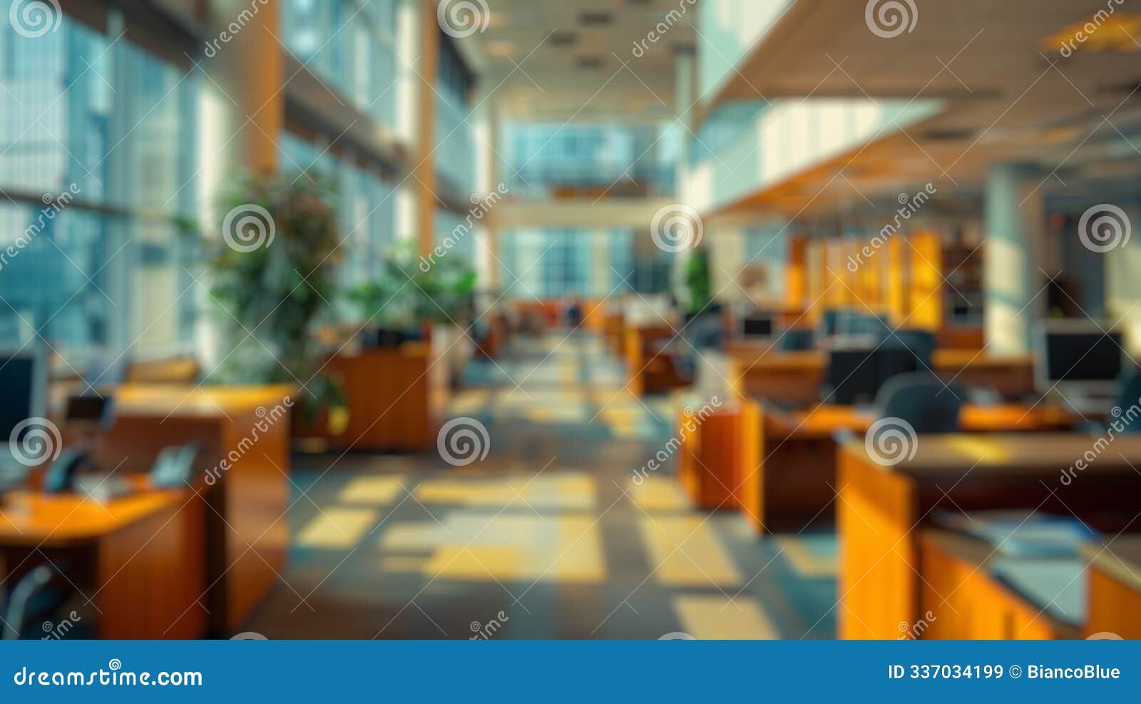 Blur Background of Office Setup with Rows of Desks and Natural Lighting ...
