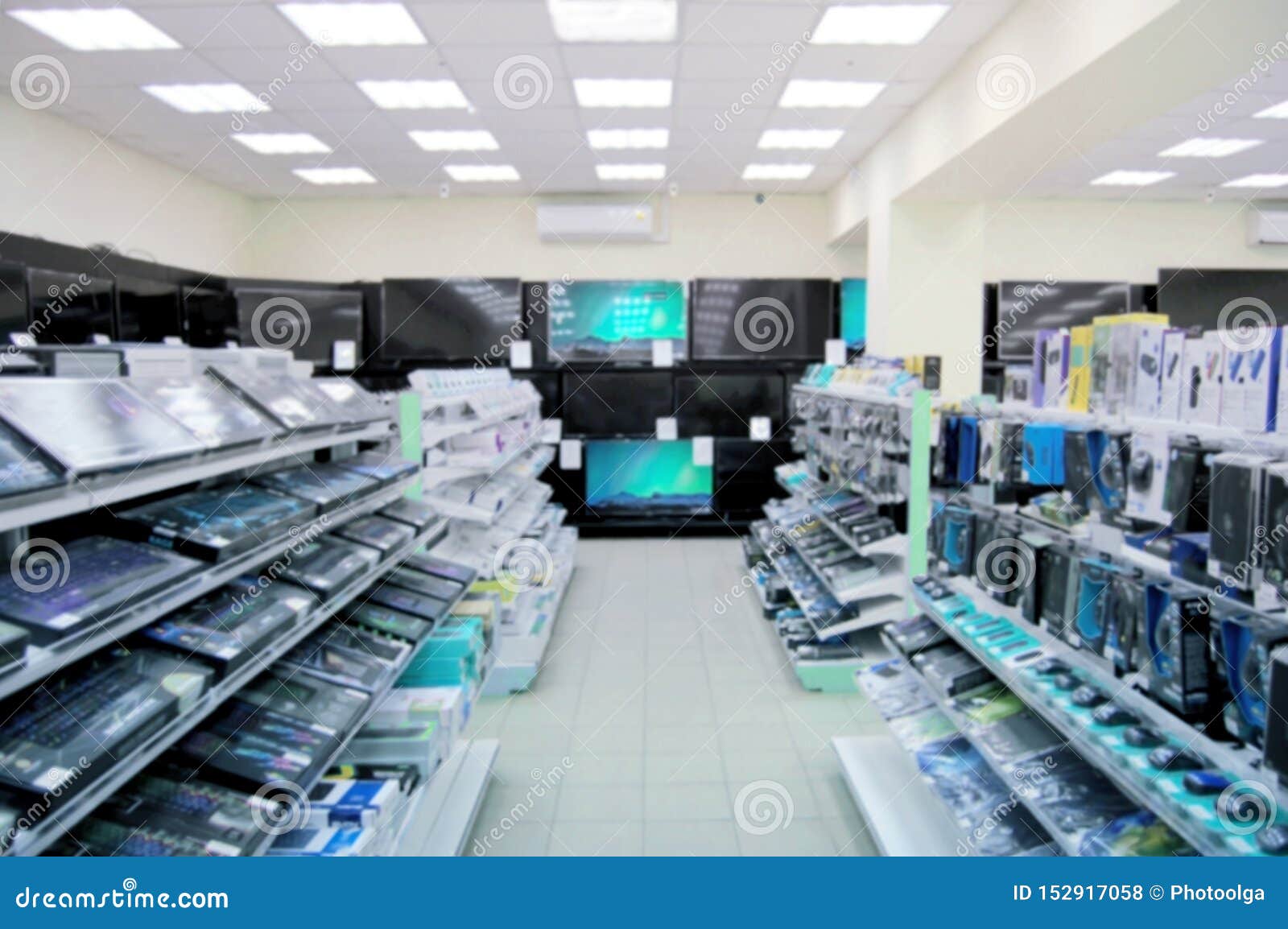 Blur Computer Store Background. Shopping Room Background Stock Photo ...