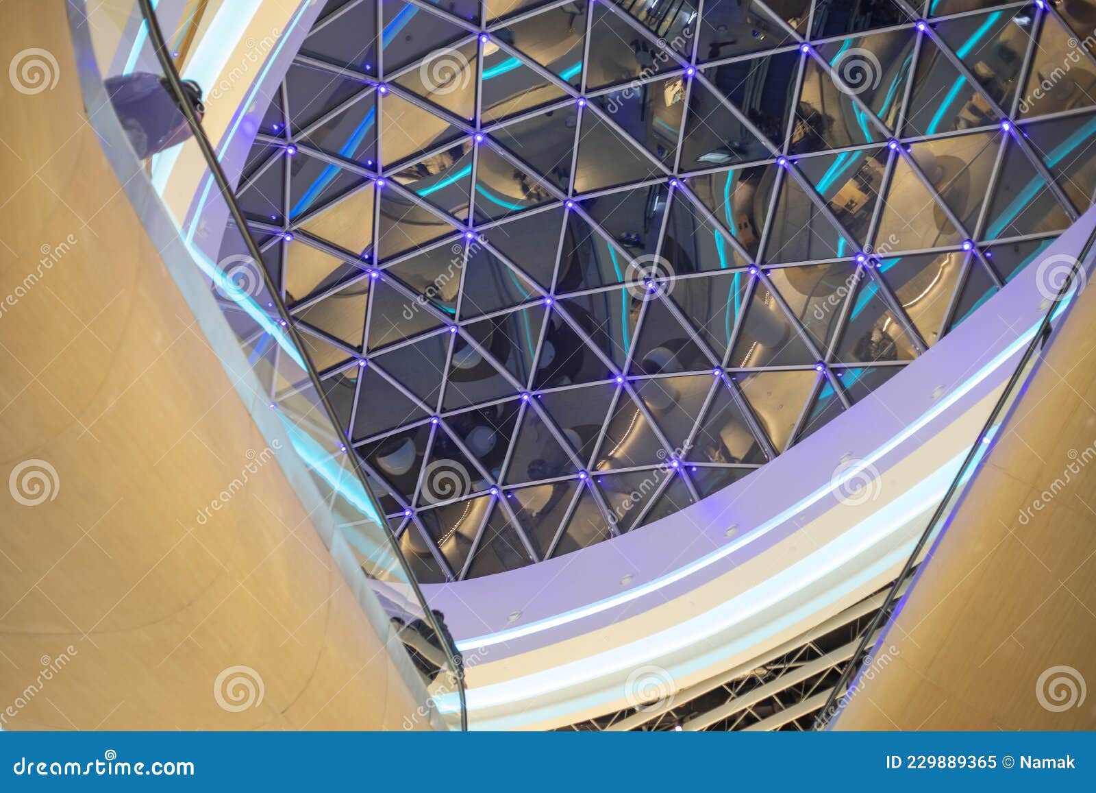 Blurred Abstract Background of Mirrored Ceiling in Showroom, Horizontal ...