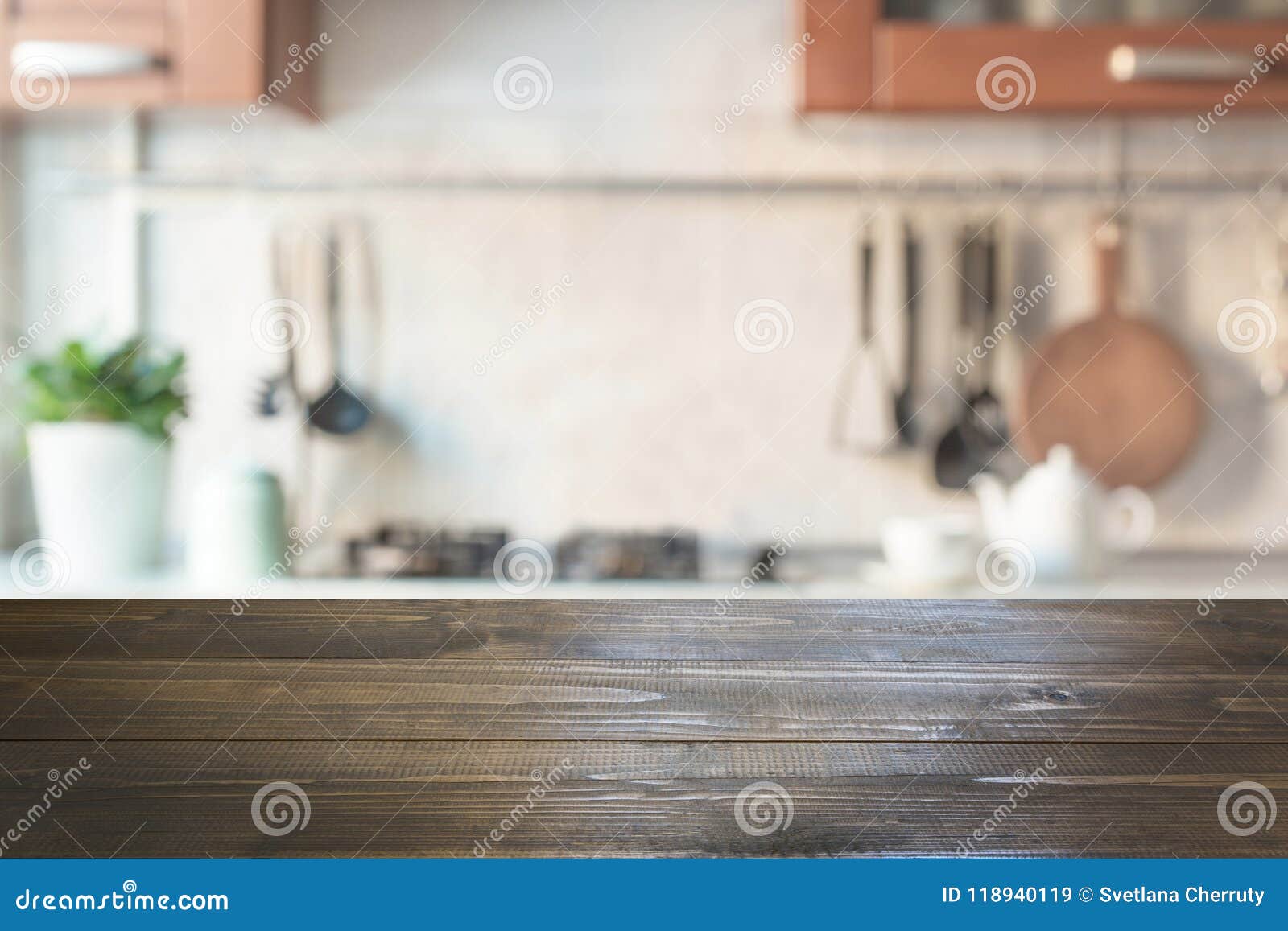 Blurred Abstract Background. Modern Kitchen with Tabletop and Space for ...