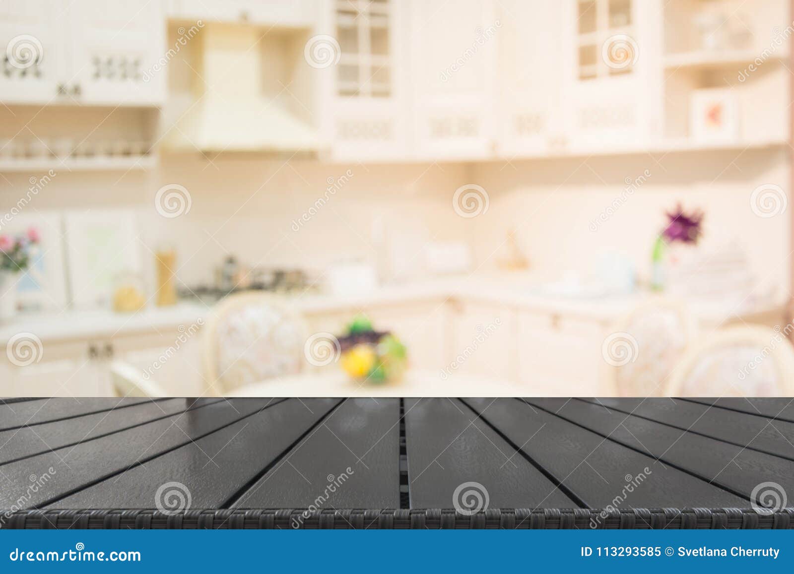 Blurred Background. Empty Wooden Tabletop and Defocused Modern Kitchen ...