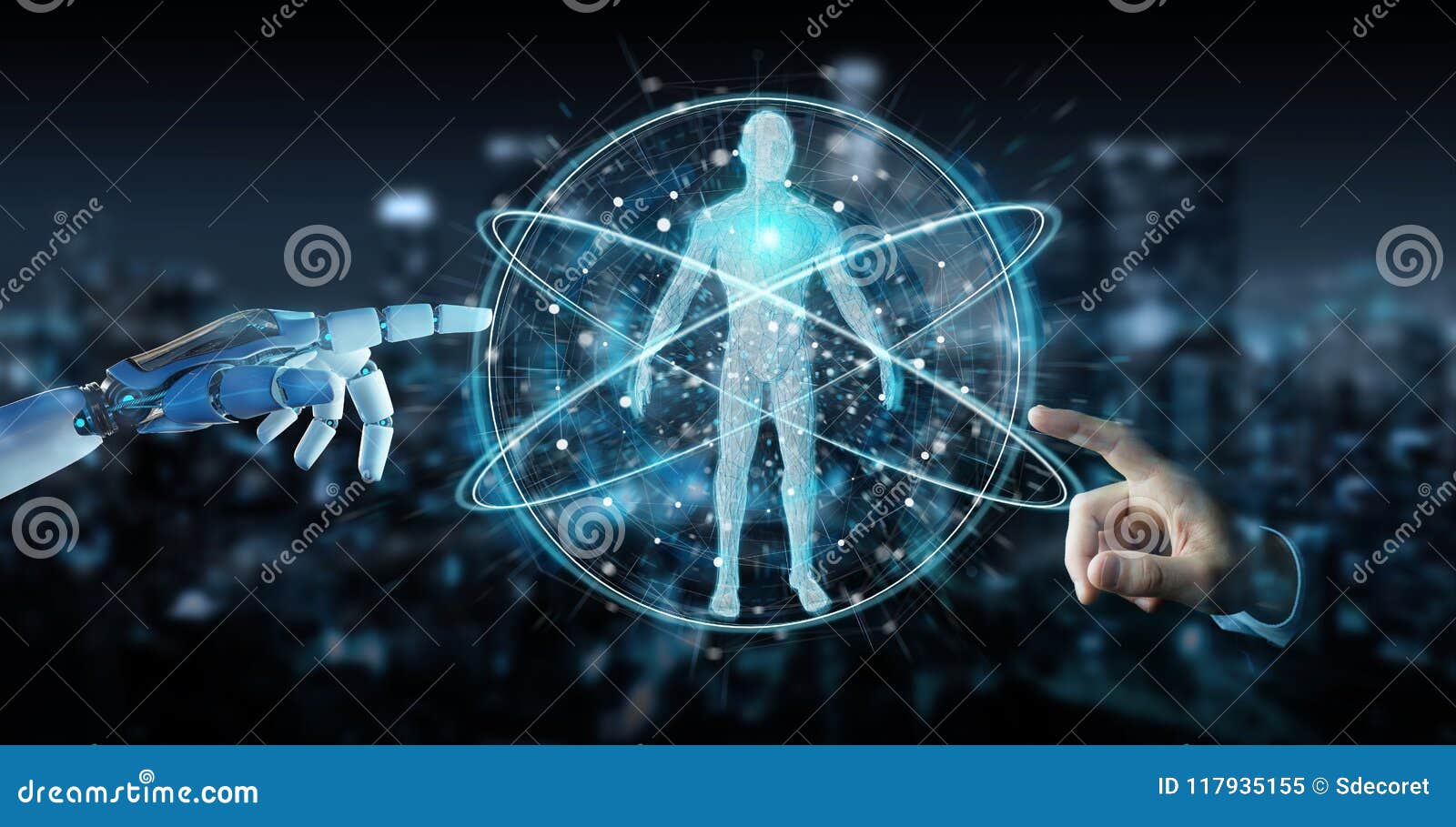 White Robot Hand Scanning Human Body 3D Rendering Stock Illustration ...