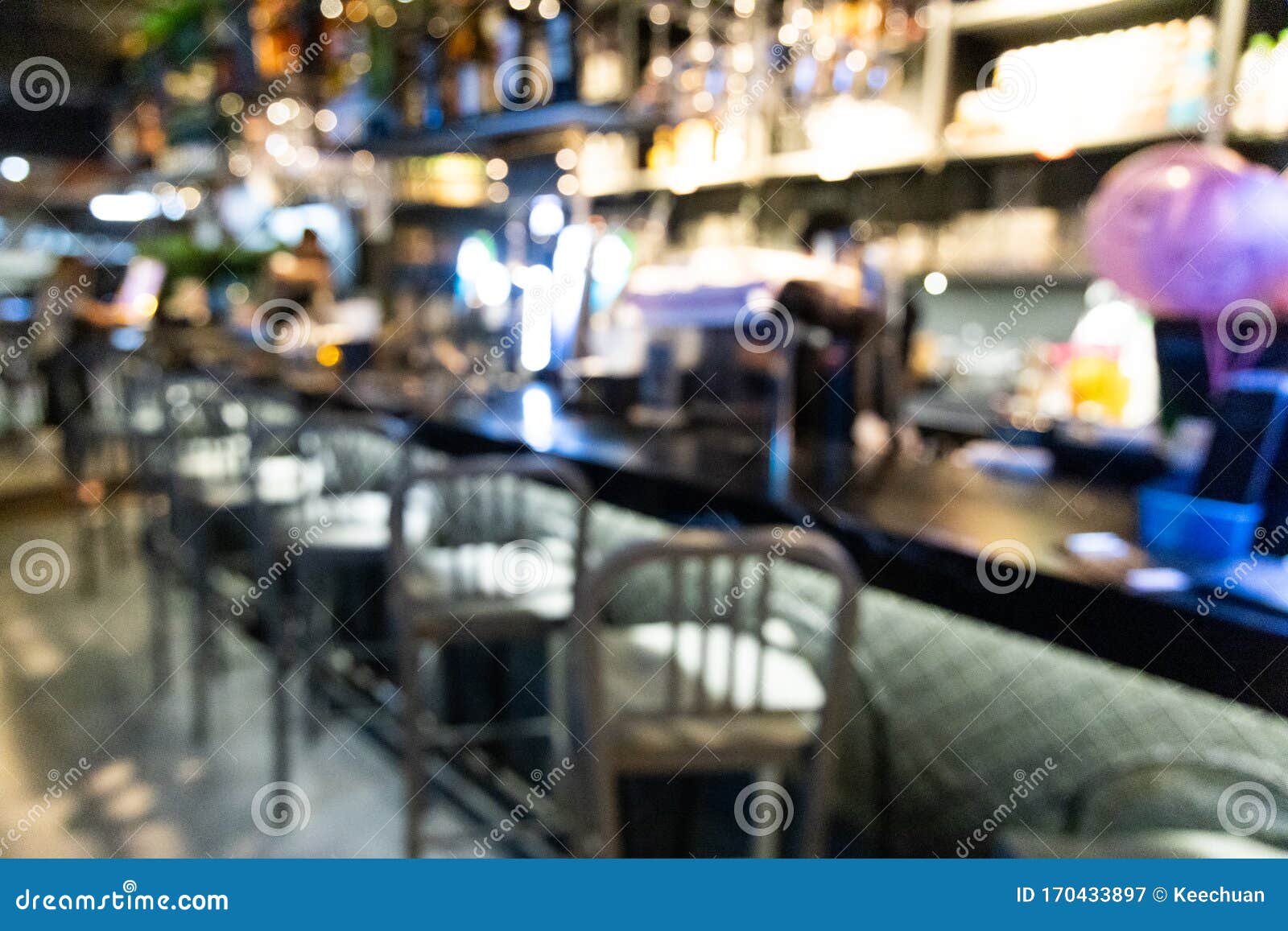 Blurred Bar Counter in Pub with Drinks and Stools Stock Image - Image ...