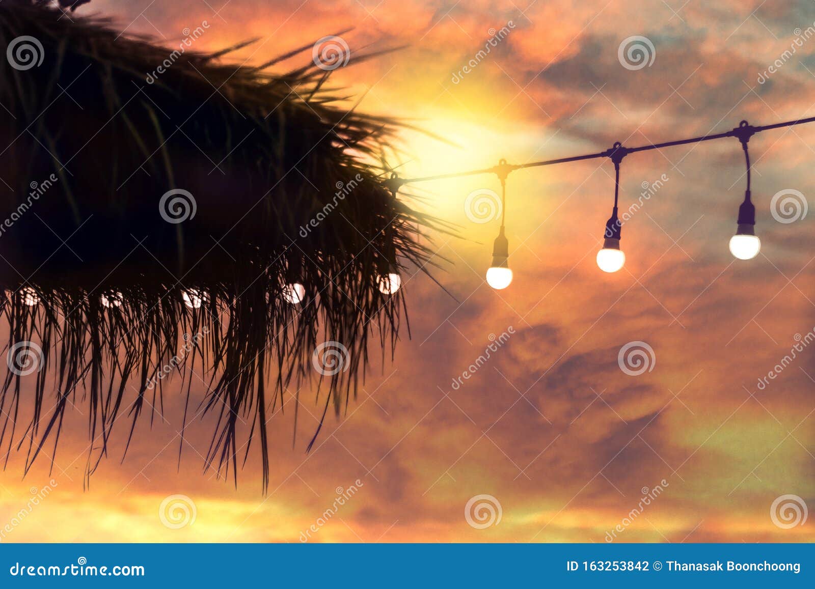 Blurred Light on Sunset with Yellow String Lights Decor in Beach ...