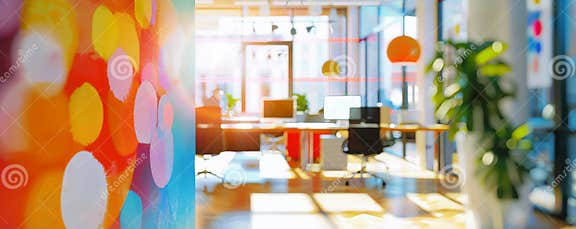 A Blurred Bright Office Background with Open-plan Workstations, Vibrant ...