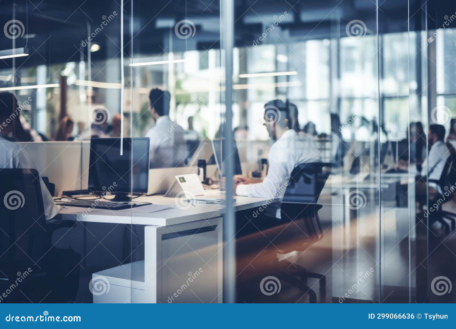 Blurred Business Employees Working in Modern Office, Glass Partitions ...