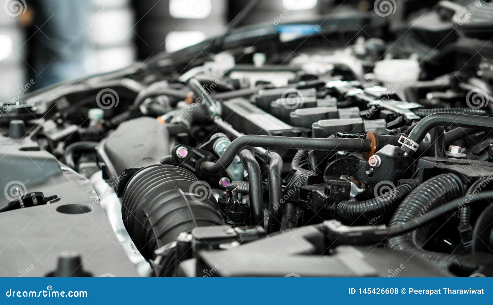 Blurred Car Engine Room Checking Maintenance Sevice by Mechanical and ...