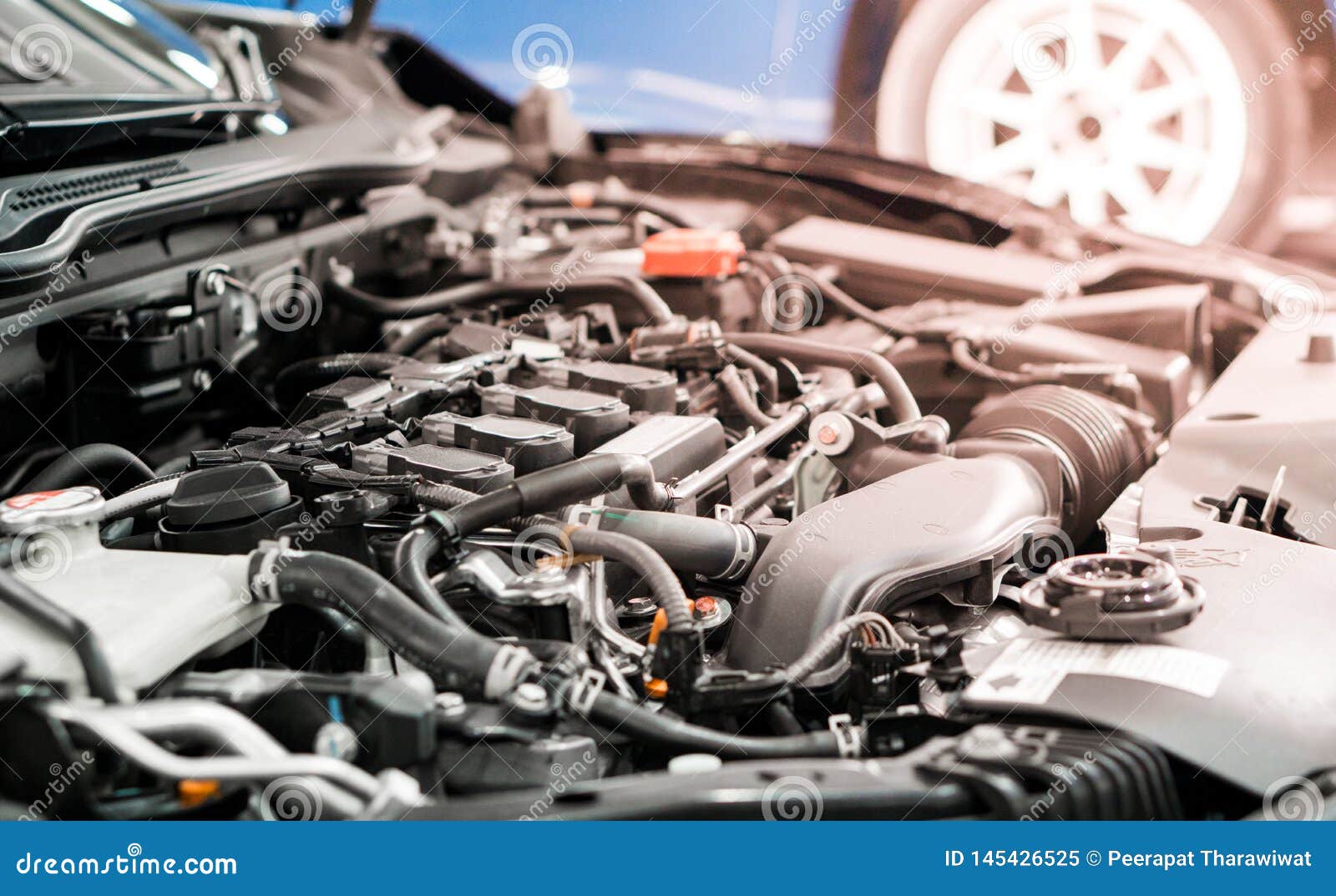 Blurred Car Engine Room Checking Maintenance Sevice by Mechanical with ...