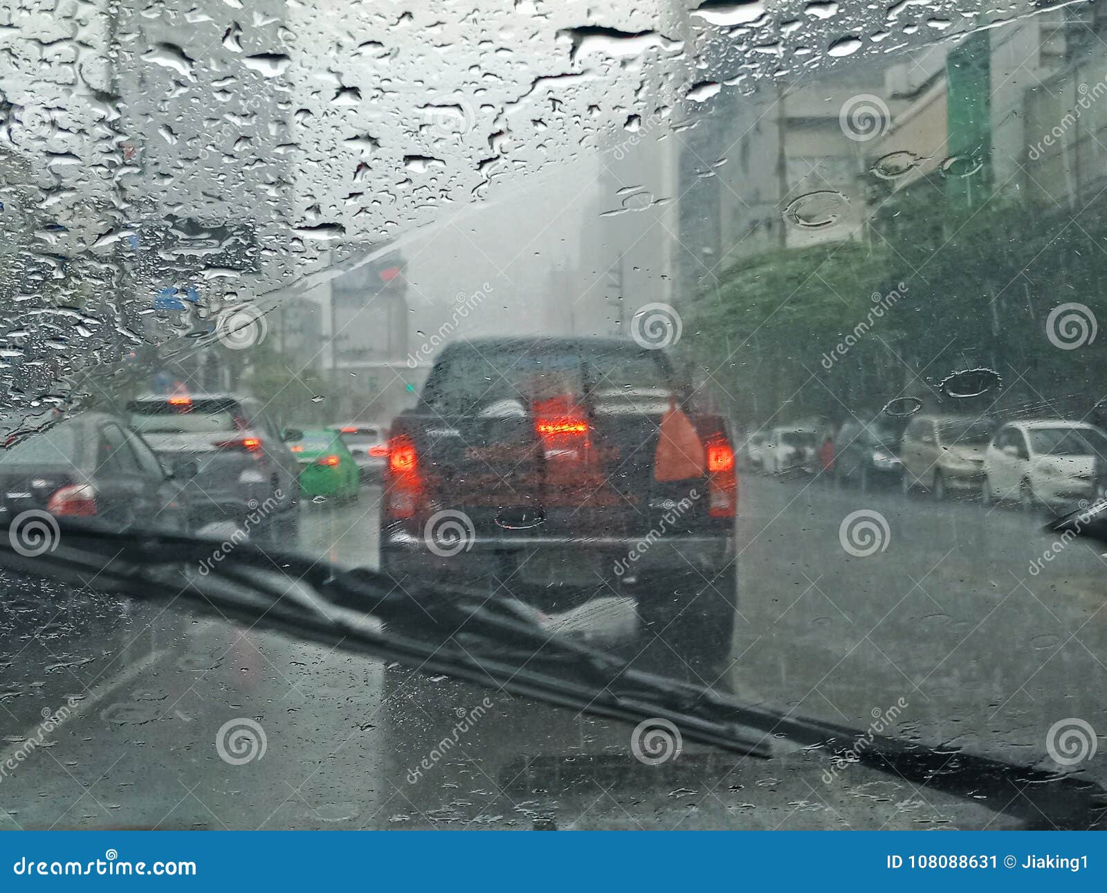 Blurred Car on Road in Raining, Driver View Stock Image - Image of blur ...