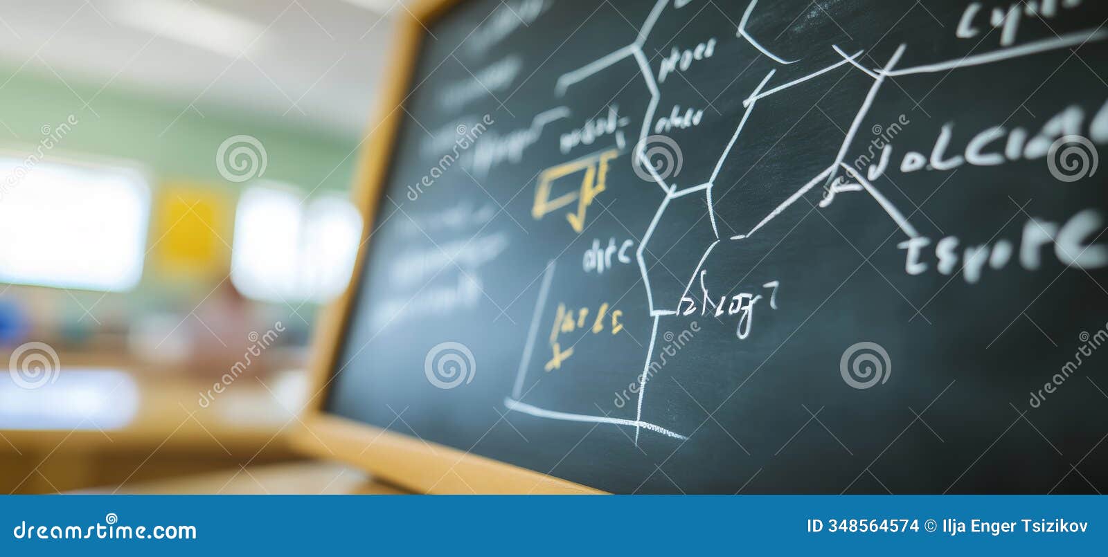 Blurred Classroom Background with Science or Math Equations on ...