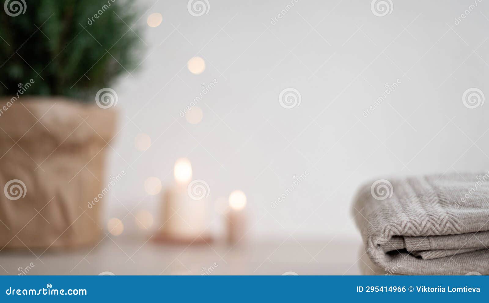 Blurred Defocused Background with Candle Lights, Pine in Pot and Empty ...