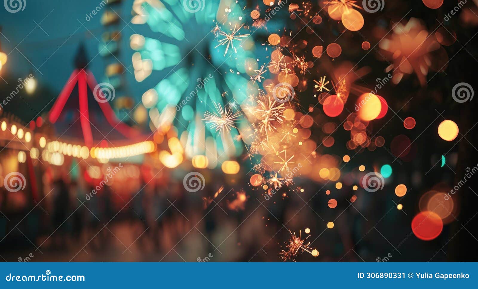 Blurred Ferris Wheel with Fireworks Falling into the Park Stock Image ...