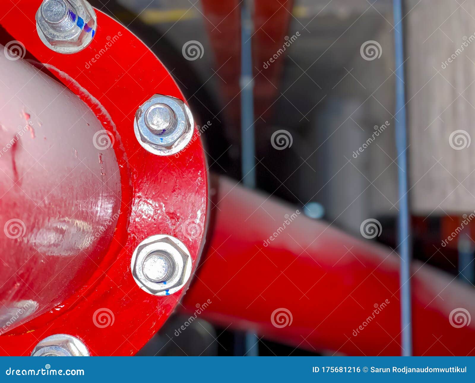 Blurred Fire Pump System with Big Red Pipe Line System Background Stock ...