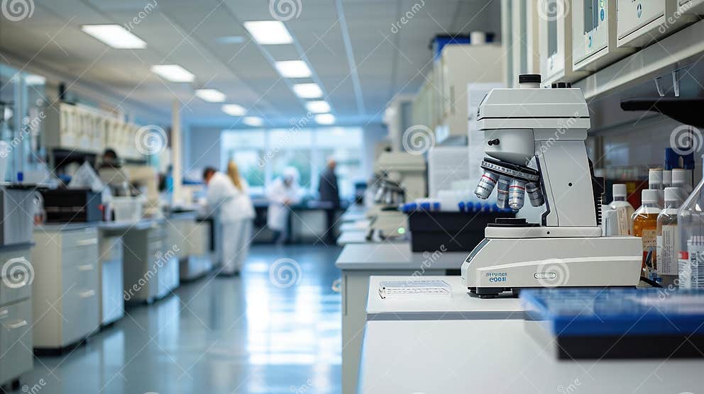 A Blurred Image of a Laboratory with a Microscope in the Foreground ...