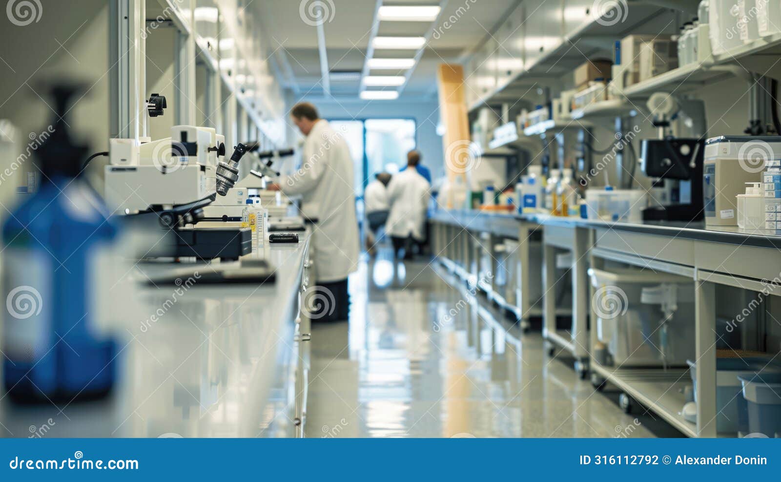 A Blurred Image of a Laboratory with a Microscope in the Foreground ...