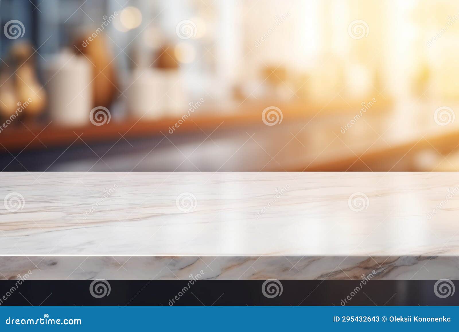 On a Blurred Kitchen Backdrop, a Marble Counter Table Top Offers a ...