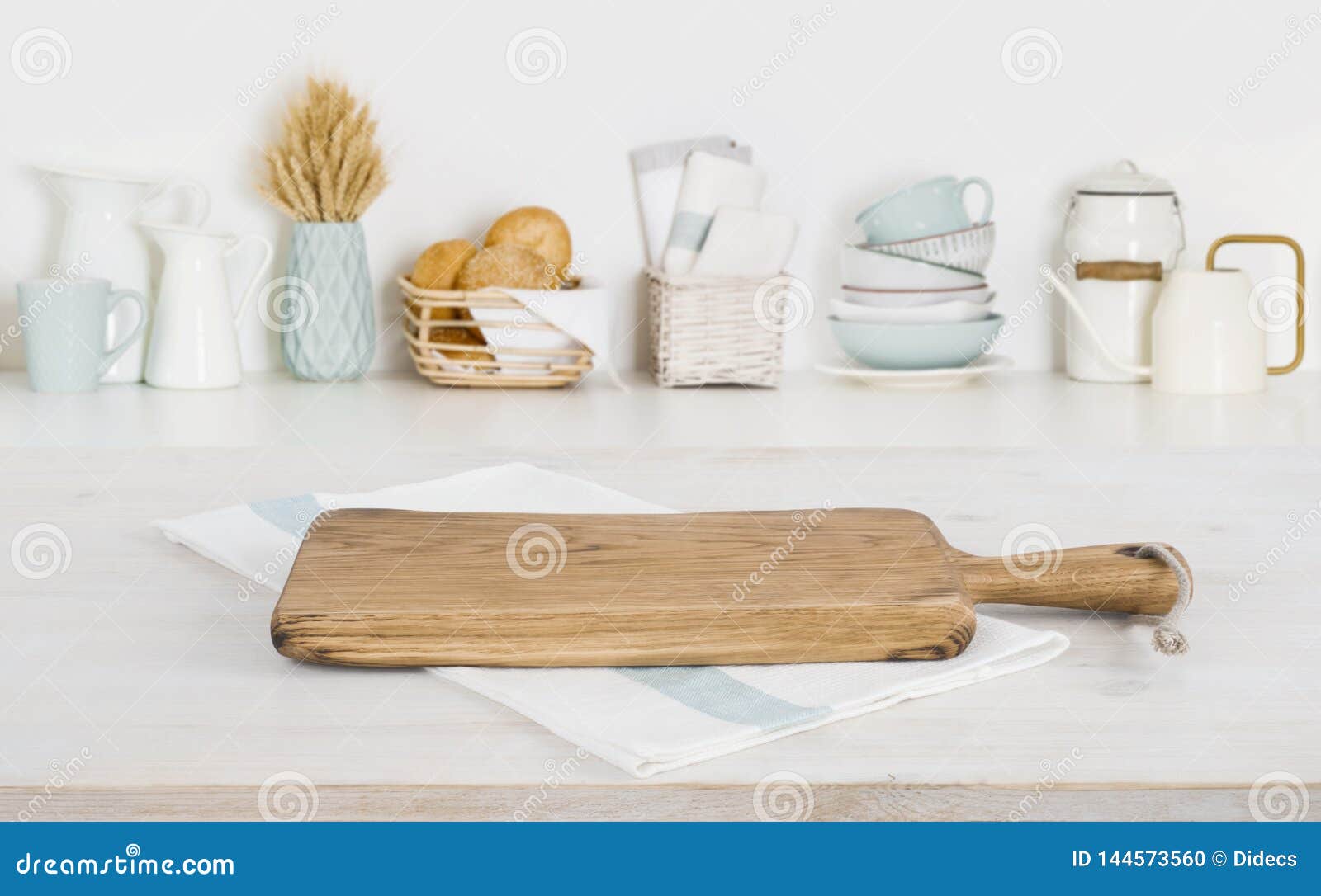Blurred Kitchen Counter Background with Cutting Board and Copy Space ...