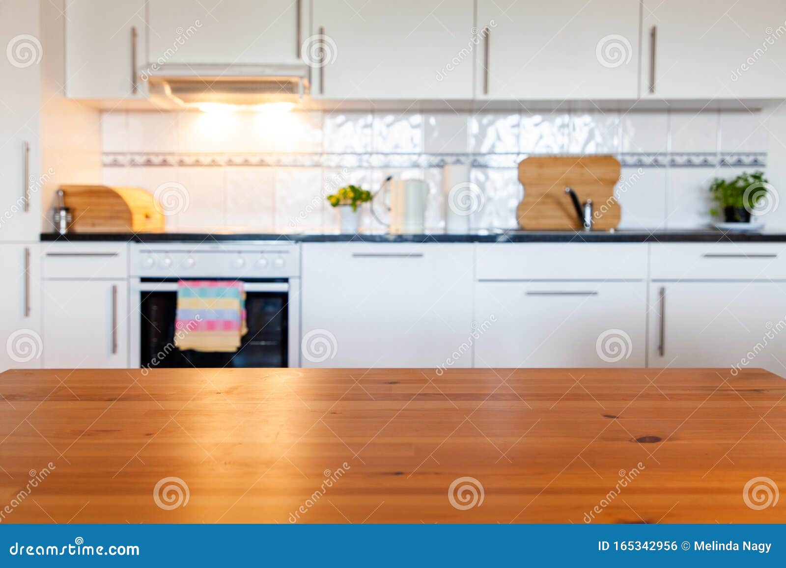Blurred Kitchen Interior with Desk Space Stock Photo - Image of brown ...