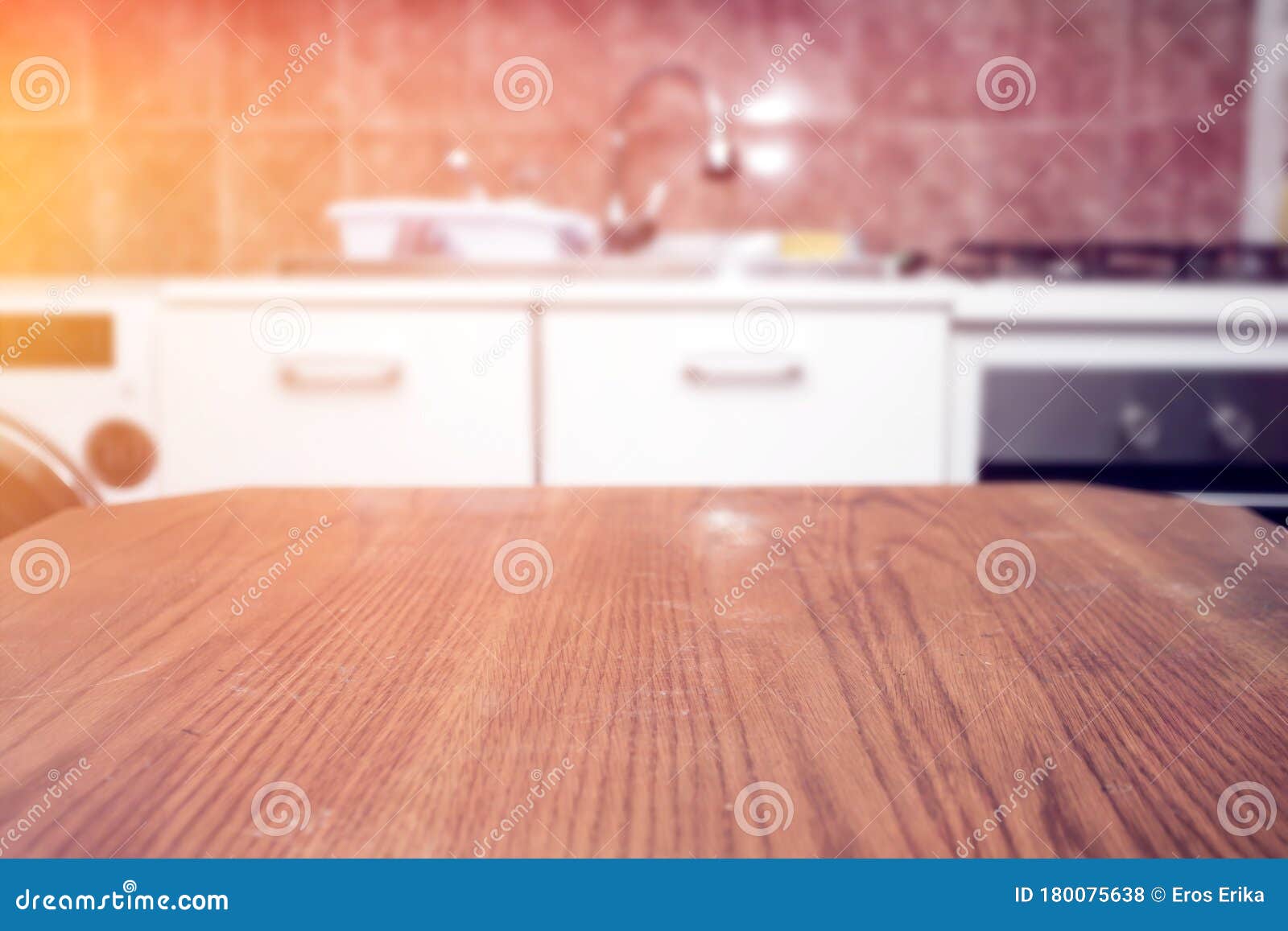 Blurred Kitchen Interior with Desk Space Stock Photo - Image of blurry ...