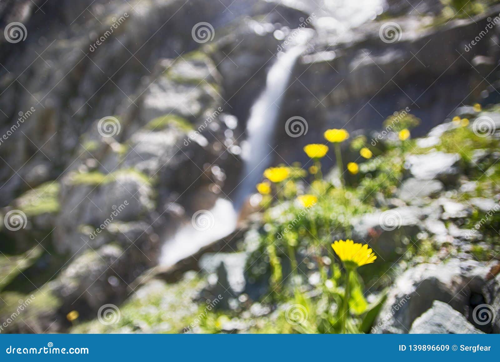 Blurred Landscape with Waterfall and Flowers Stock Image - Image of ...