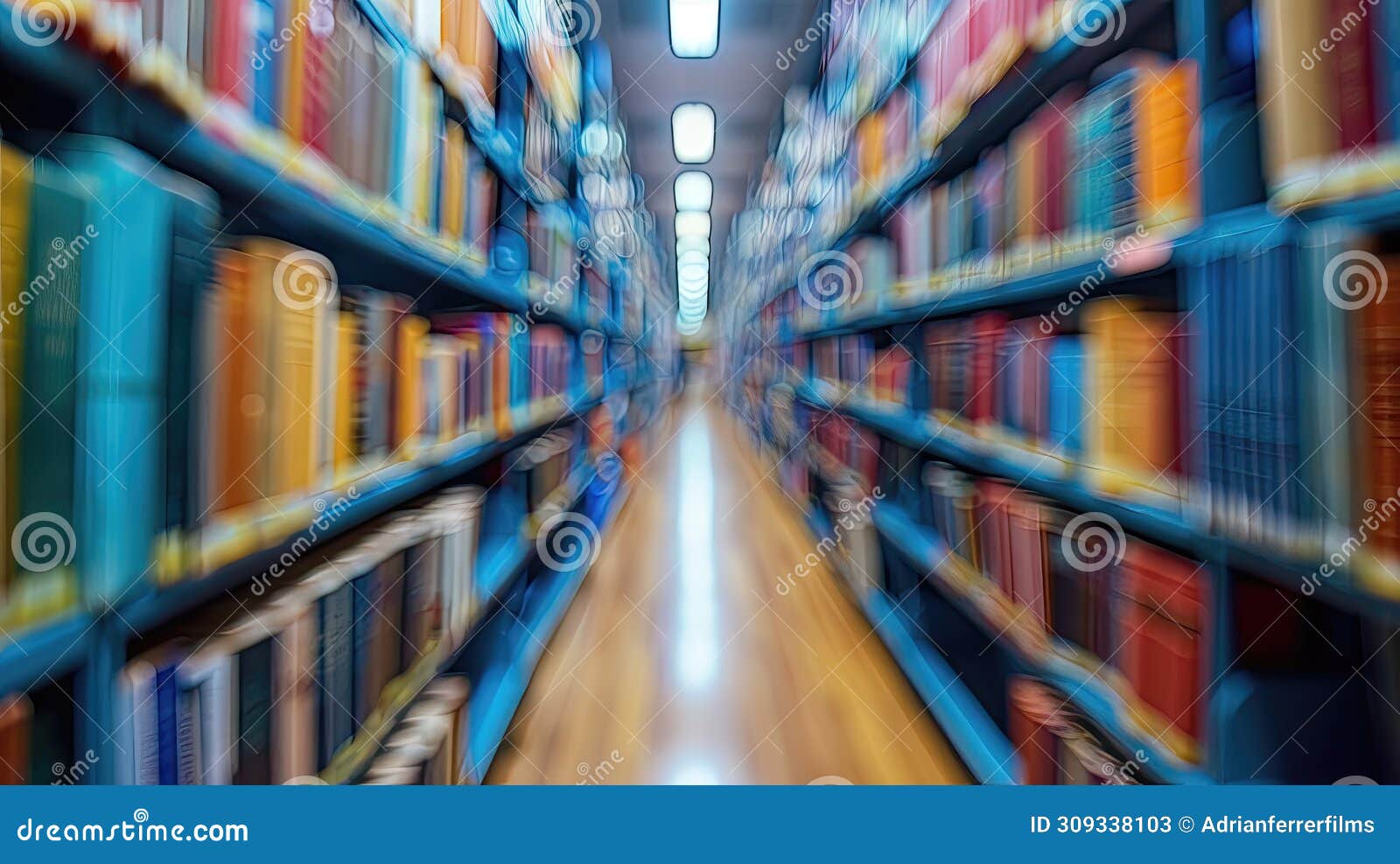 Blurred Library Aisle between Colorful Bookshelves, Illuminated Ceiling ...