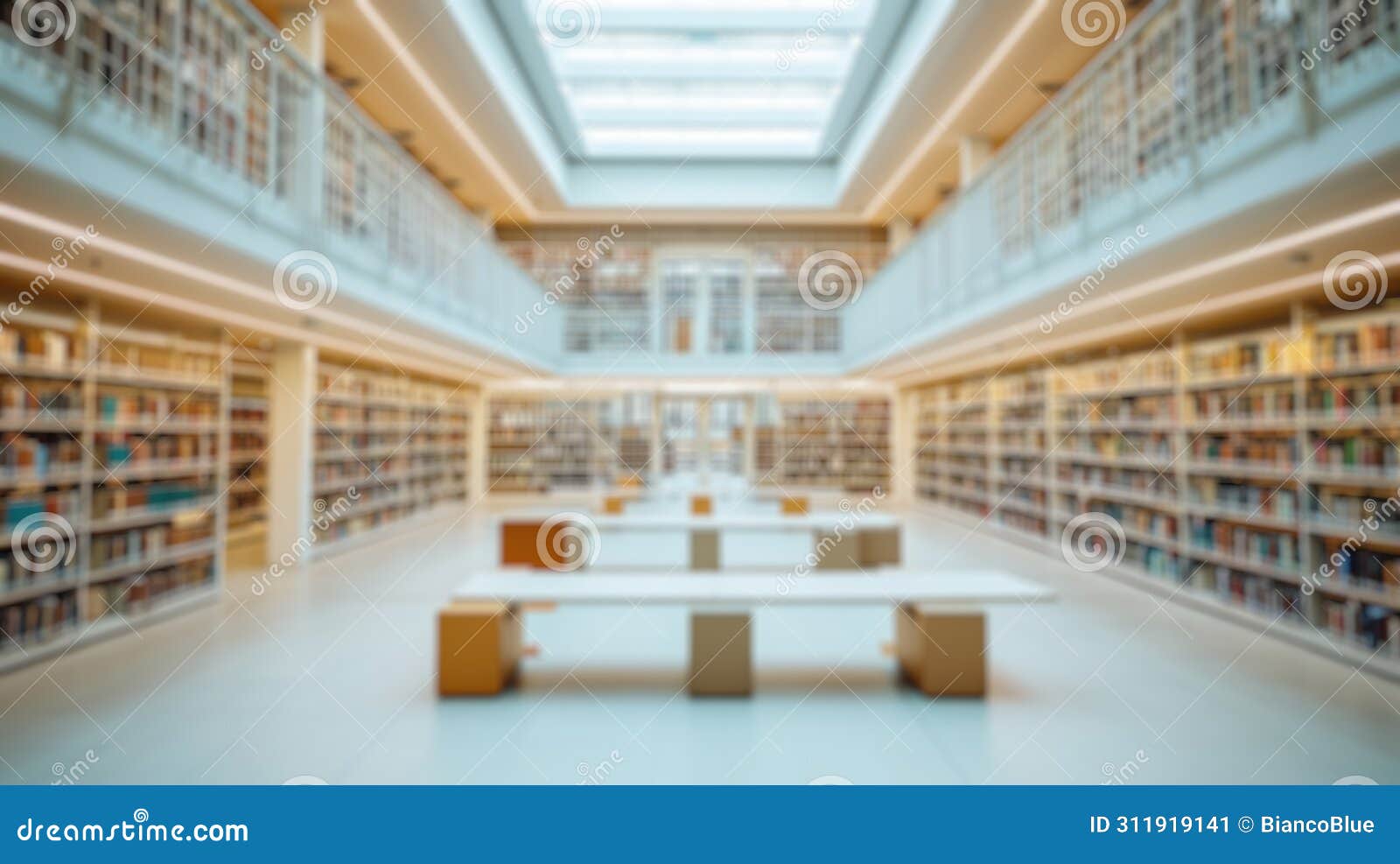 Blurred Library Interior with Bookshelves and Tables. Resplendent ...