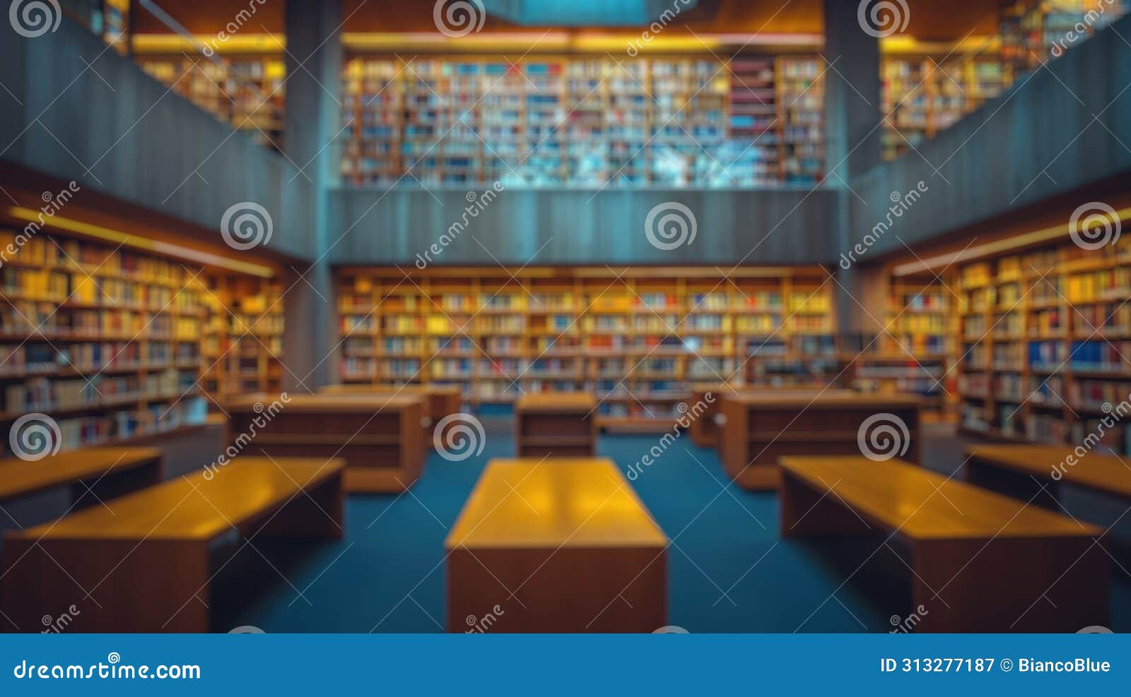 Blurred Library Interior with Bookshelves and Tables. Resplendent ...