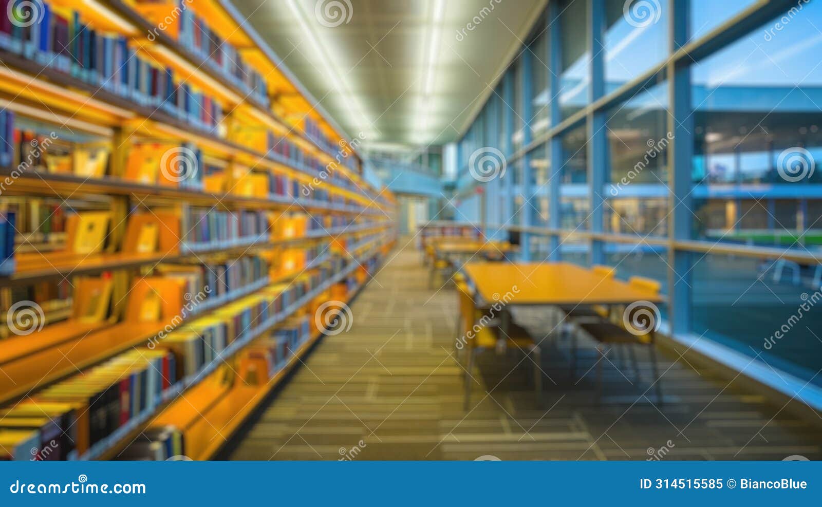 Blurred Library Interior with Bookshelves and Tables. Resplendent ...